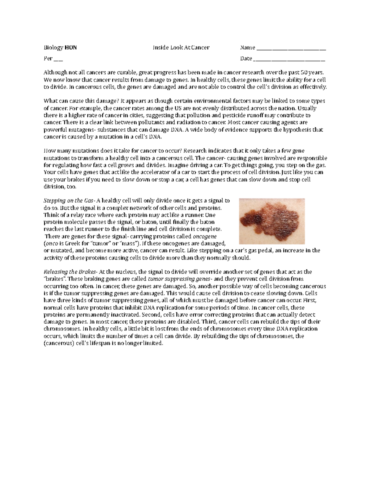 H HW A Look Inside Cancer info - Biology HON Inside Look At Cancer Name ...
