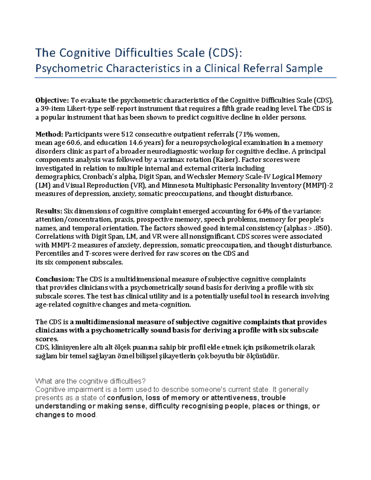 The Cognitive Difficulties Scale - The CDS is a popular instrument that ...