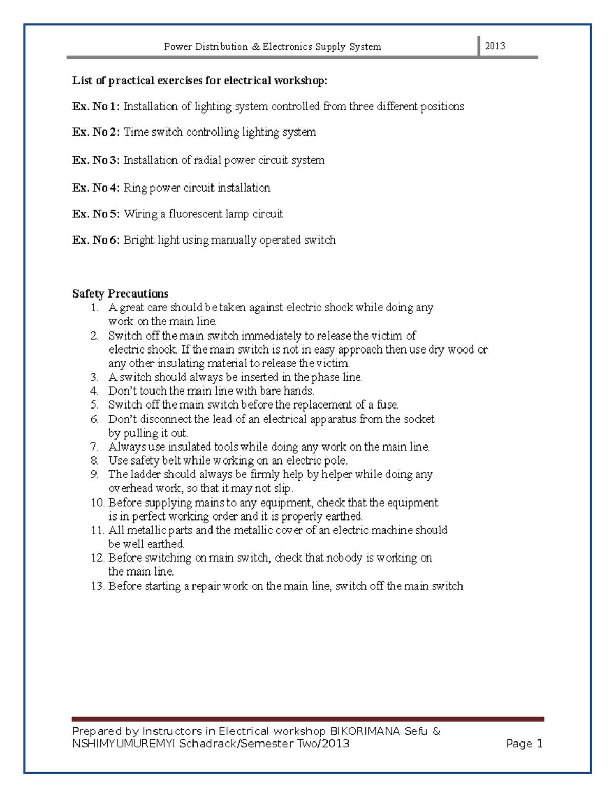 Wokshop manual Two-1 - Workshop of electricity - List of practical ...