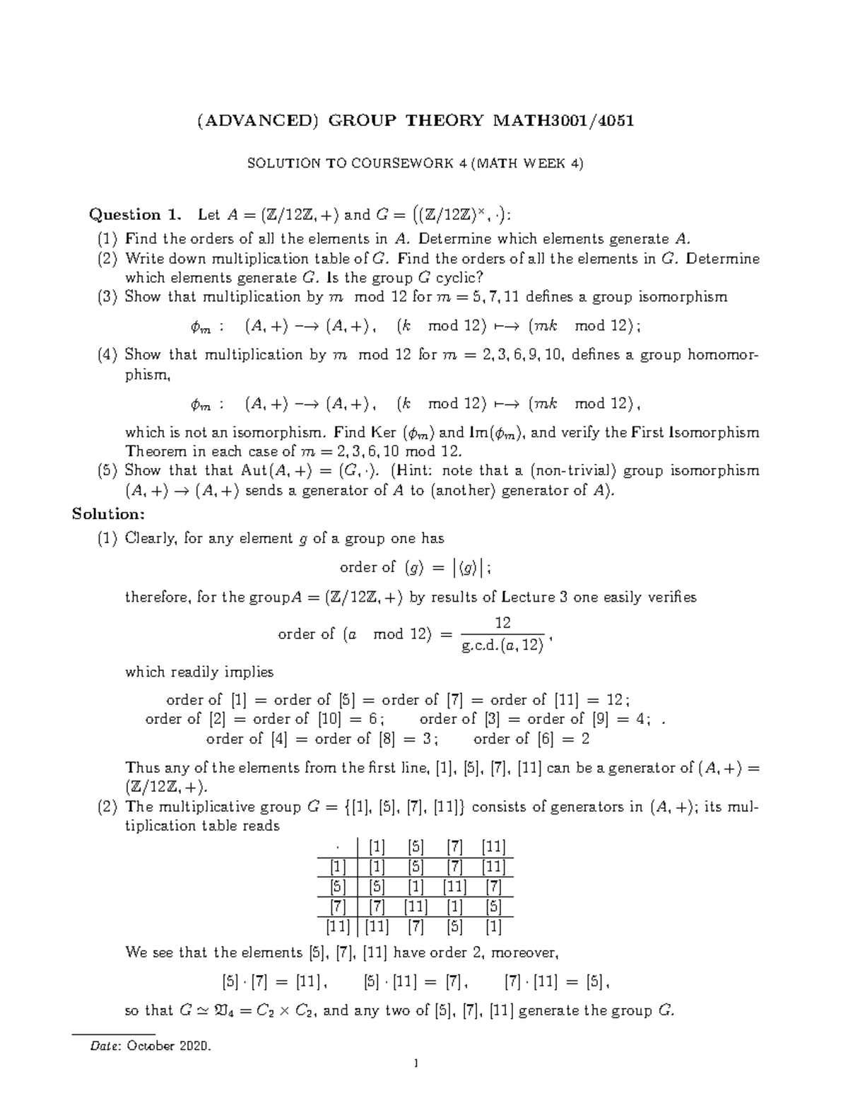 Questions and solutions to the 4th group theory assignment (MSc-level ...