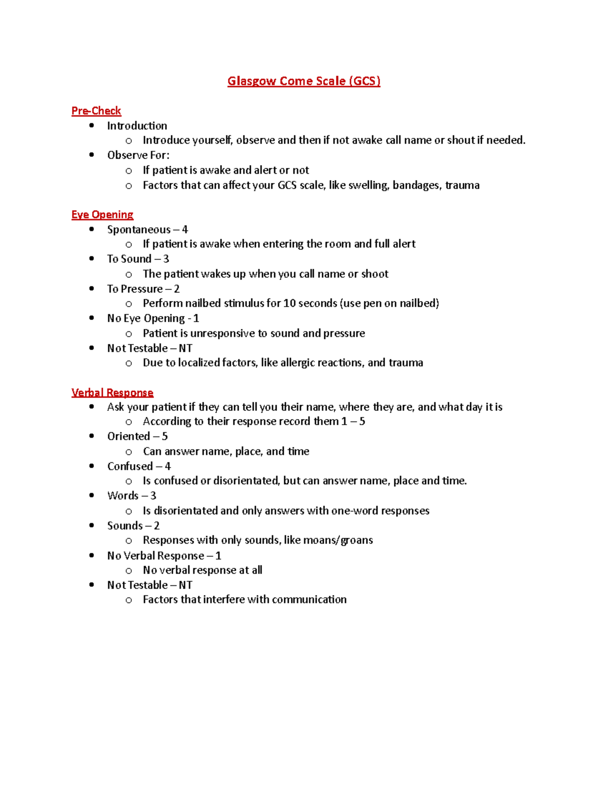 Skills Neuro Exam Study Sheet - Glasgow Come Scale (GCS) Pre-Check ...
