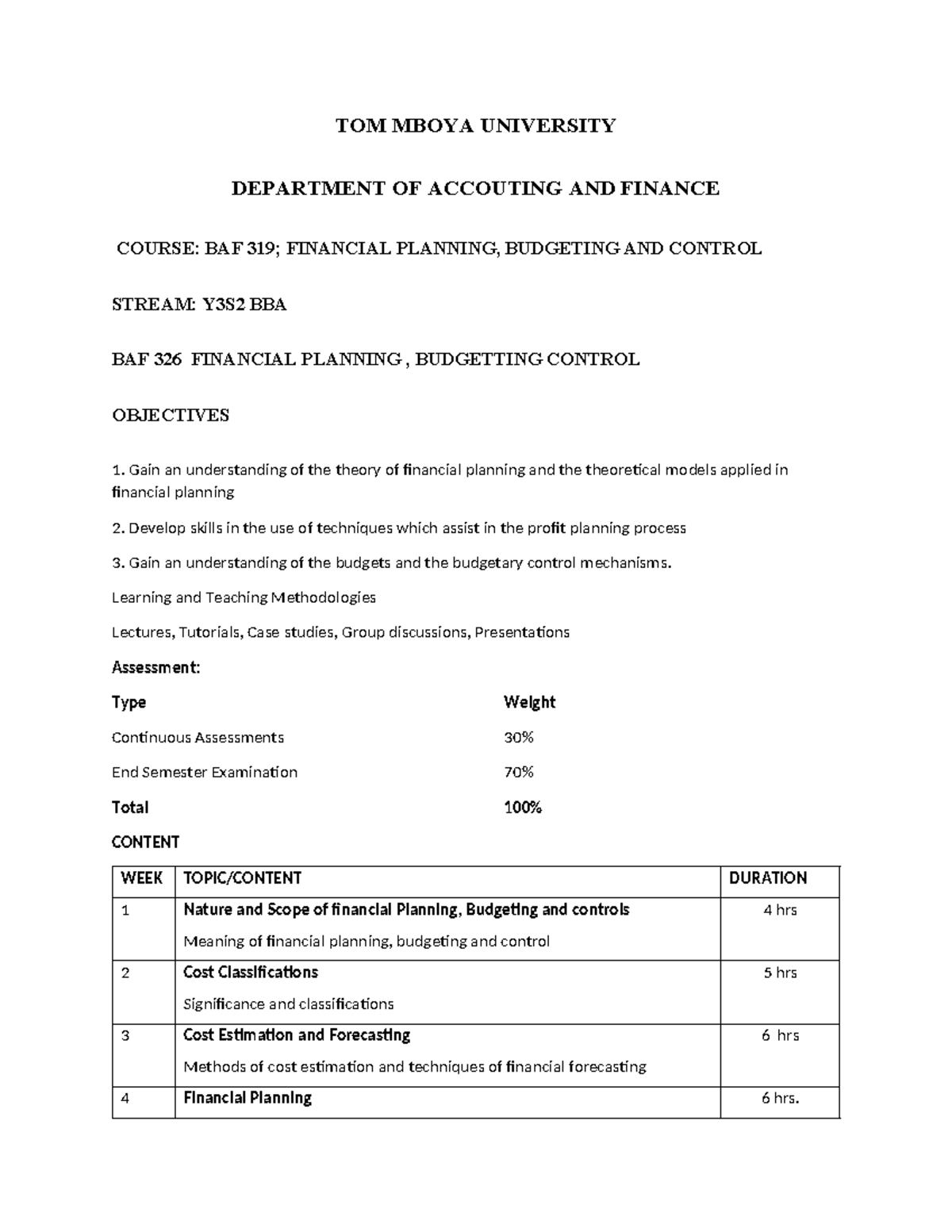 Financial Planning Course Outline - TOM MBOYA UNIVERSITY DEPARTMENT OF ...