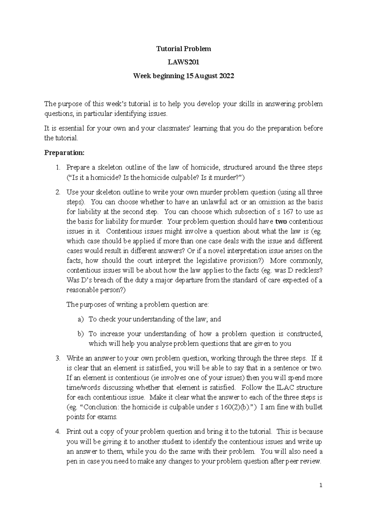Tutorial Problem 15 Aug - Tutorial Problem LAWS Week beginning 15 August 2022 The purpose of ...