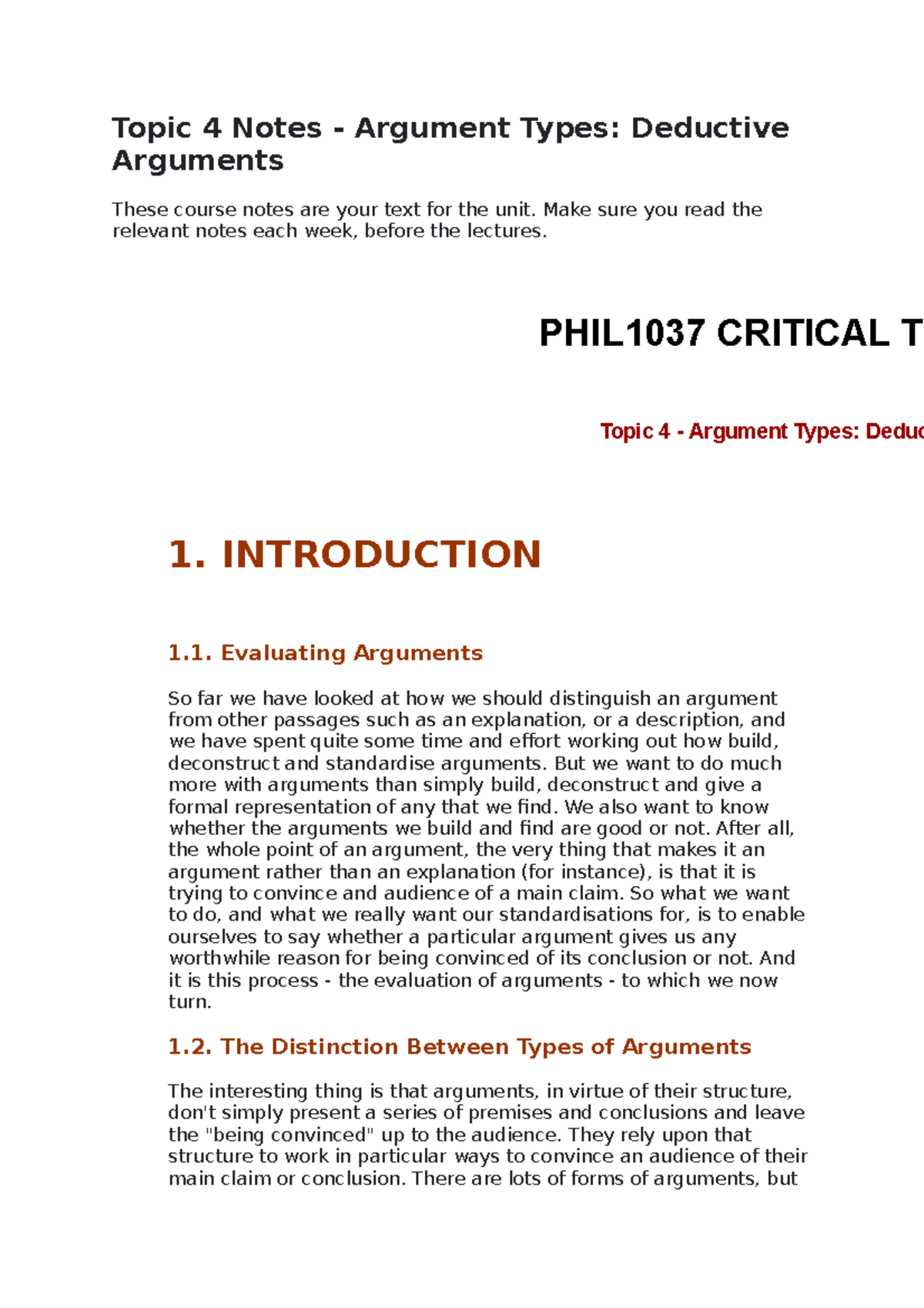 Topic 4 Notes Topic 4 Notes Argument Types Deductive Arguments These Course Notes Are Your