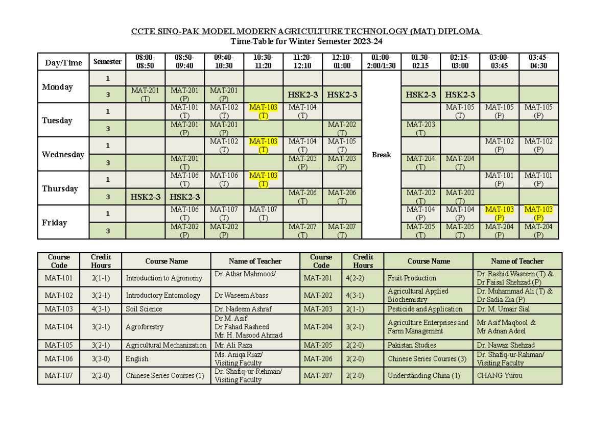 MAT Timetable Winter Semester 2023-24 (13 - CCTE SINO-PAK MODEL MODERN ...