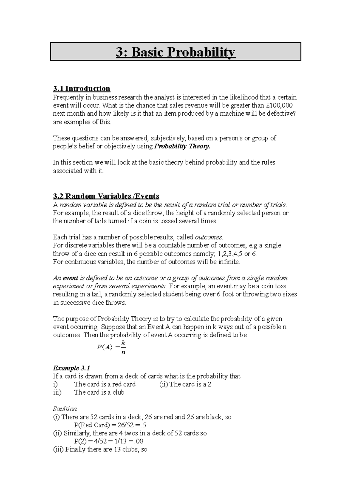 Probability 1 Summary notes for MT218 Business Statistics - 3: Basic ...