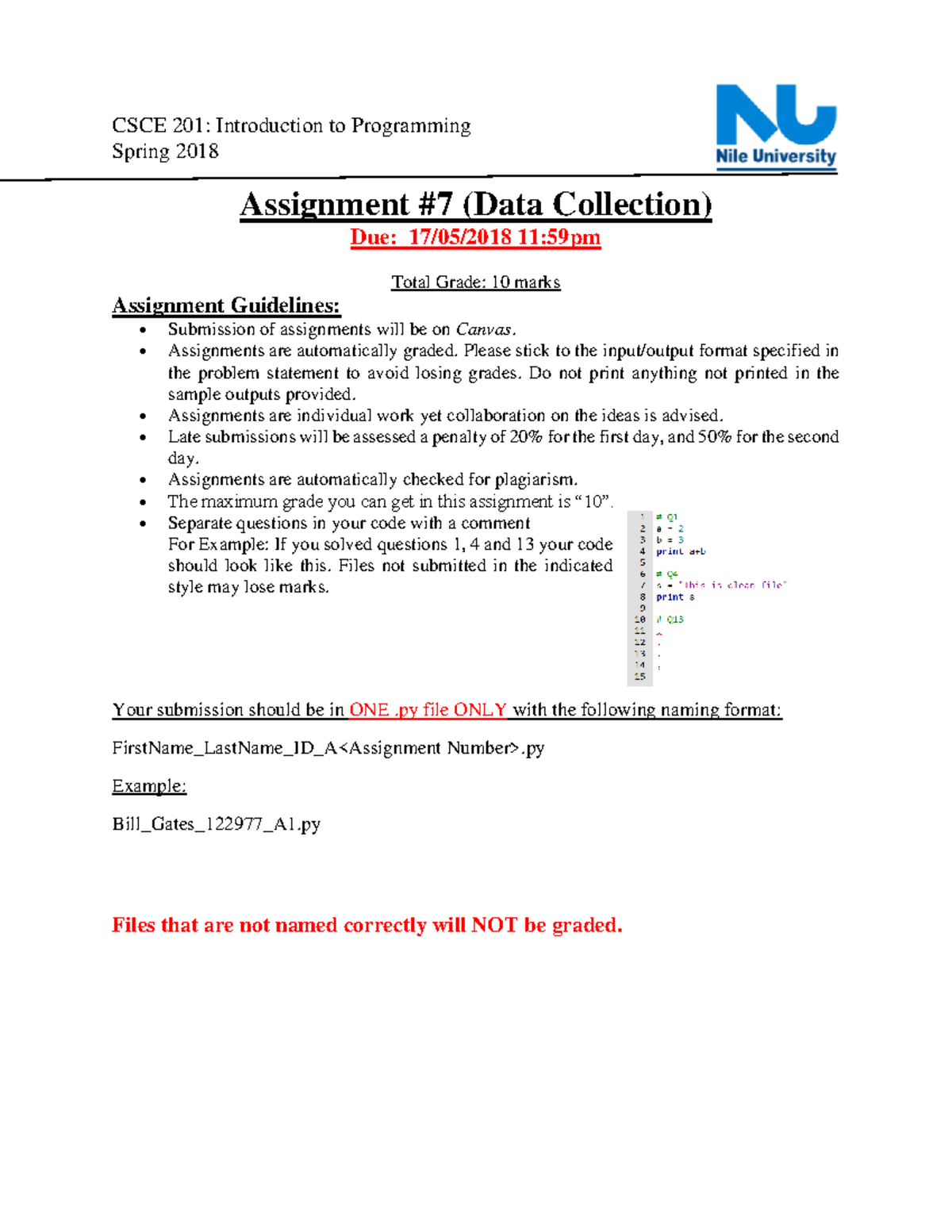 Assignment 7 - CSCE 201: Introduction to Programming Spring 2018 ...