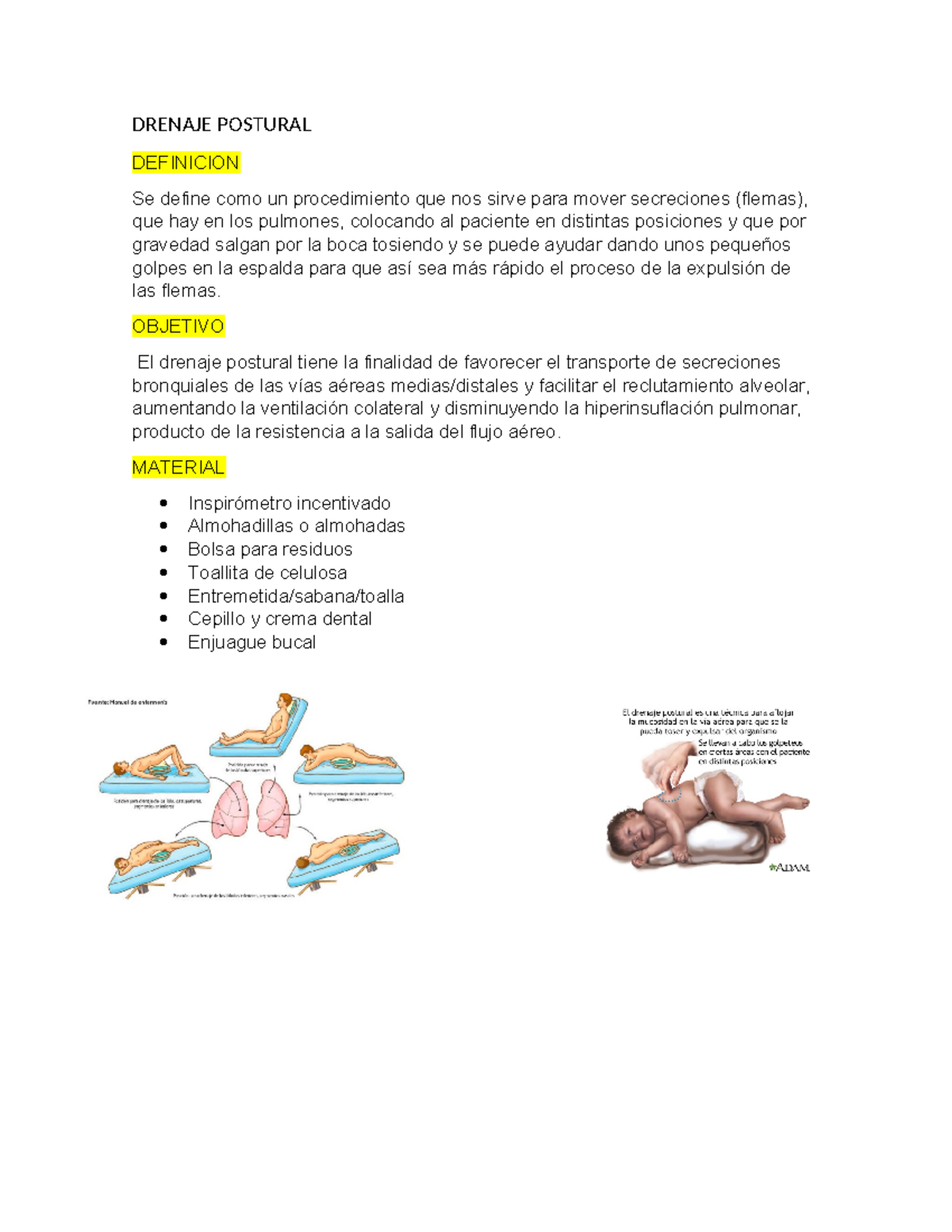 Drenaje postural - descripcion del procedimiento - DRENAJE POSTURAL DEFINICION Se define como un ...