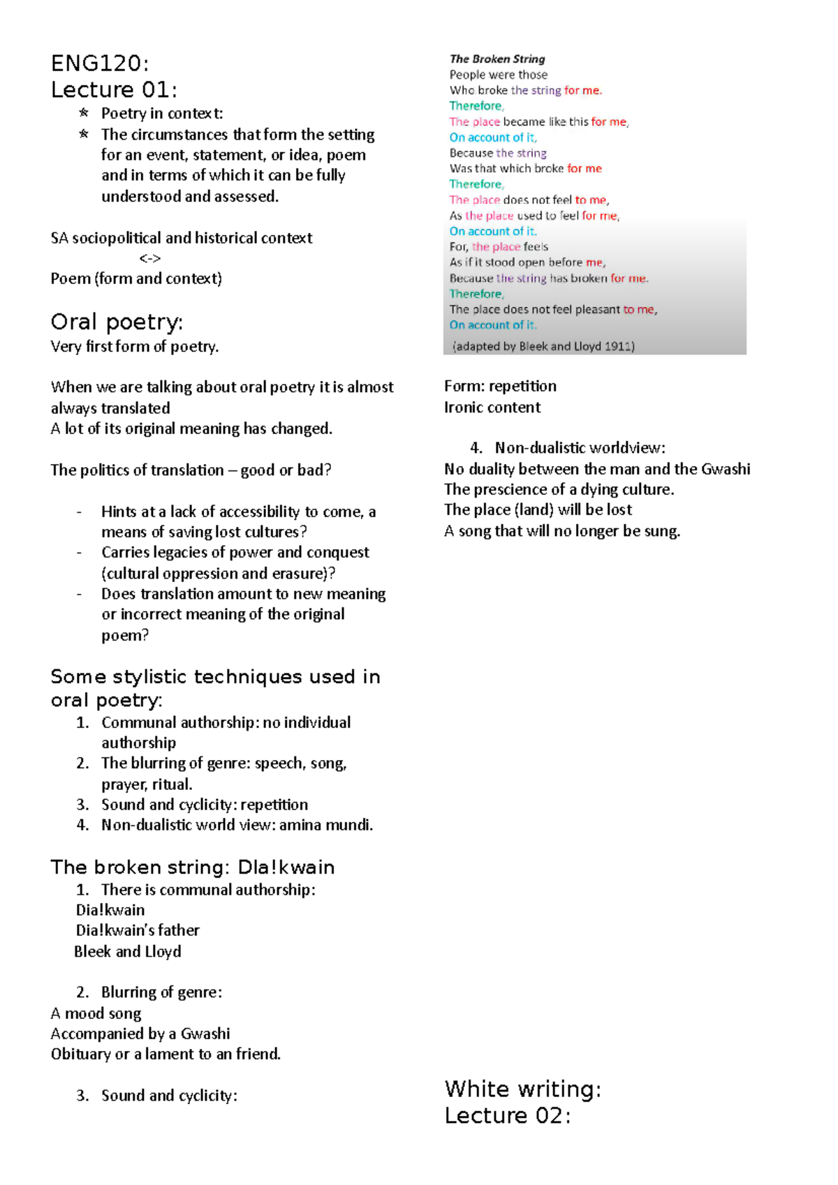 English 120 Poetry summaries - ENG120: Lecture 01: ̄ Poetry in context ...