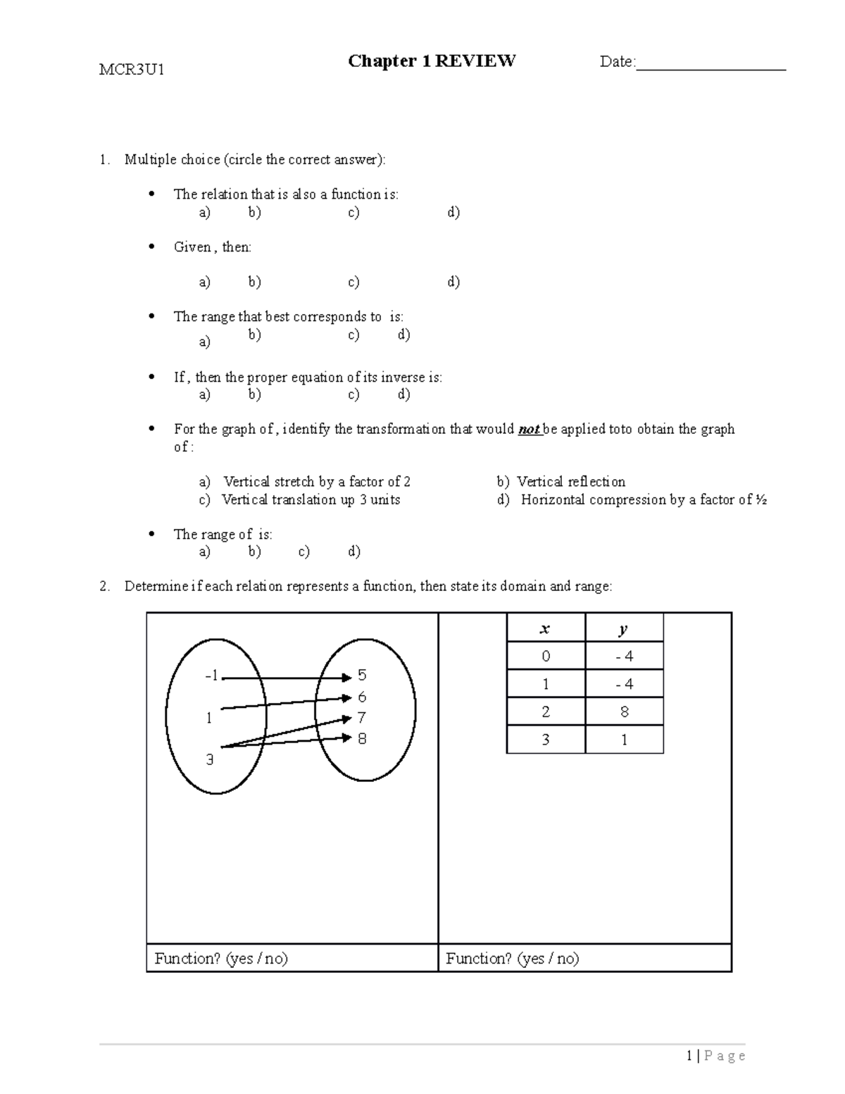 Unit 1 review - mhgfv - MCR3U 1. Multiple choice (circle the correct ...