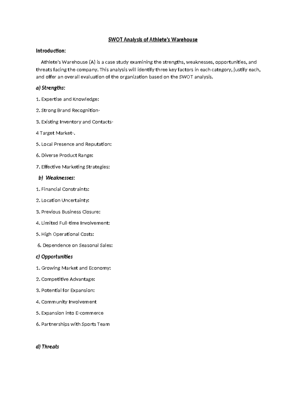 SWOT Analysis of Athlete Warehouse - SWOT Analysis of Athlete's ...