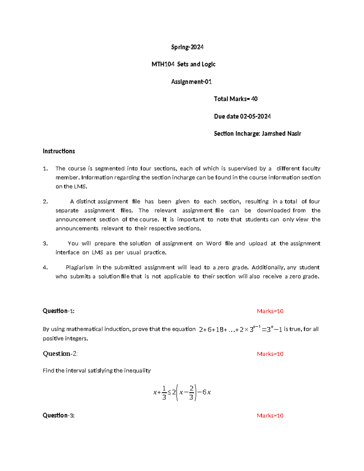 Assignment-01-MTH104 - Spring- MTH104 Sets and Logic Assignment- Total Marks= 40 Due date 02-05 ...