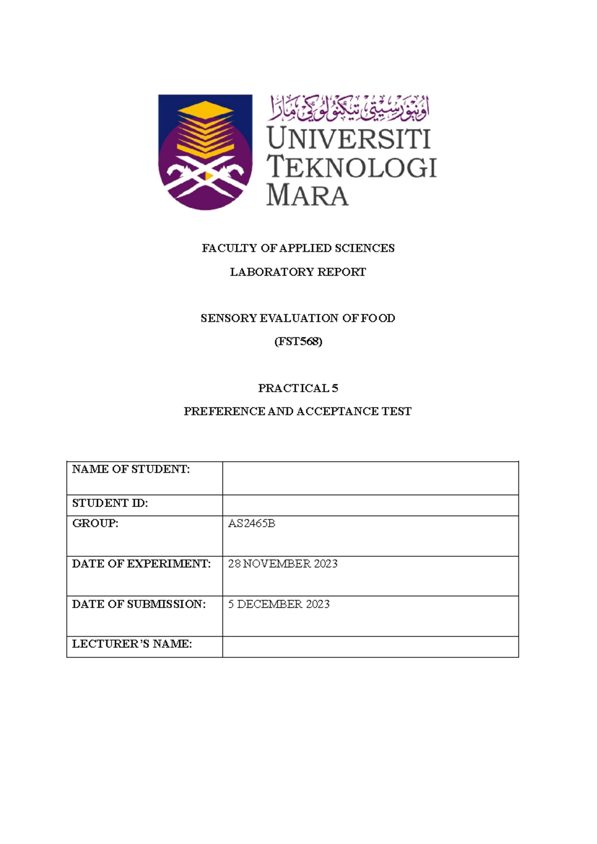 Sensory preference lab report - FACULTY OF APPLIED SCIENCES LABORATORY ...