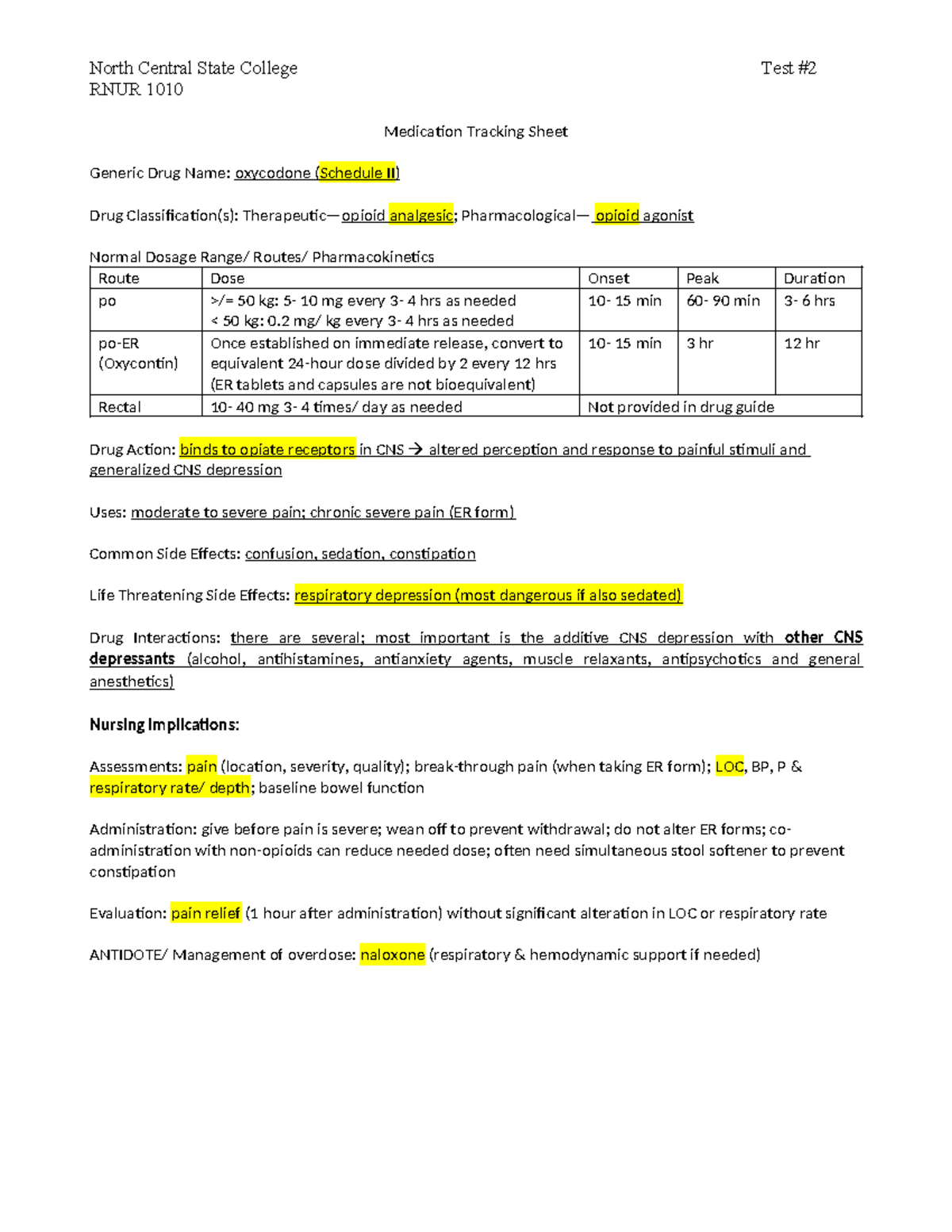 Medication Tracking Sheet- Set #2 (5- 8)- KEY - RNUR 1010 Medication ...