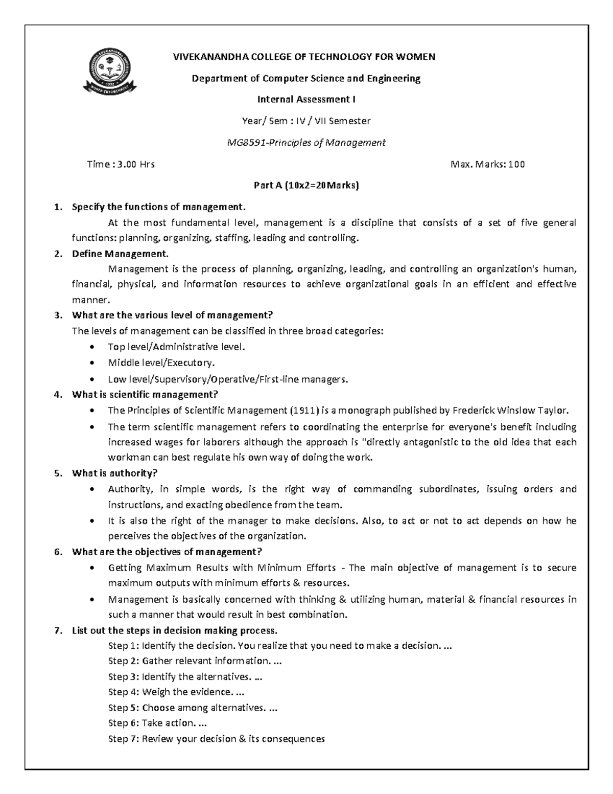 POM Questions with Answer - VIVEKANANDHA COLLEGE OF TECHNOLOGY FOR ...