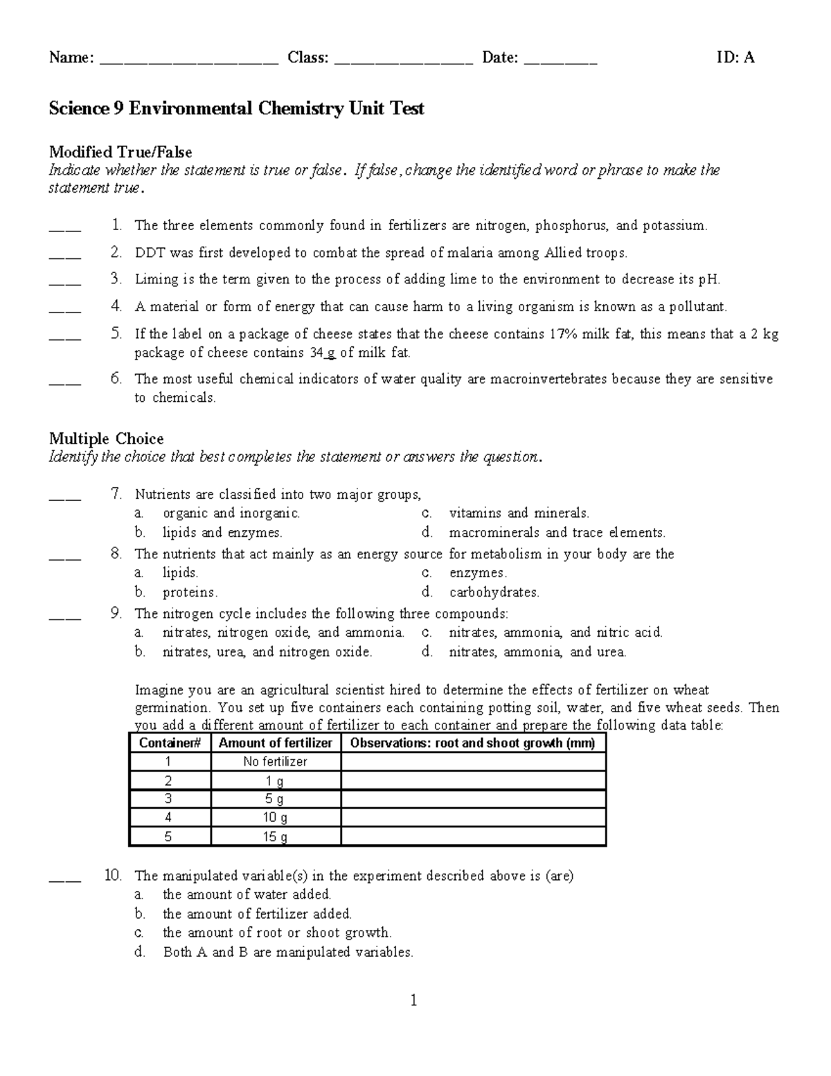 Enviro Chem Practice Test - Name: ______________________ Class ...