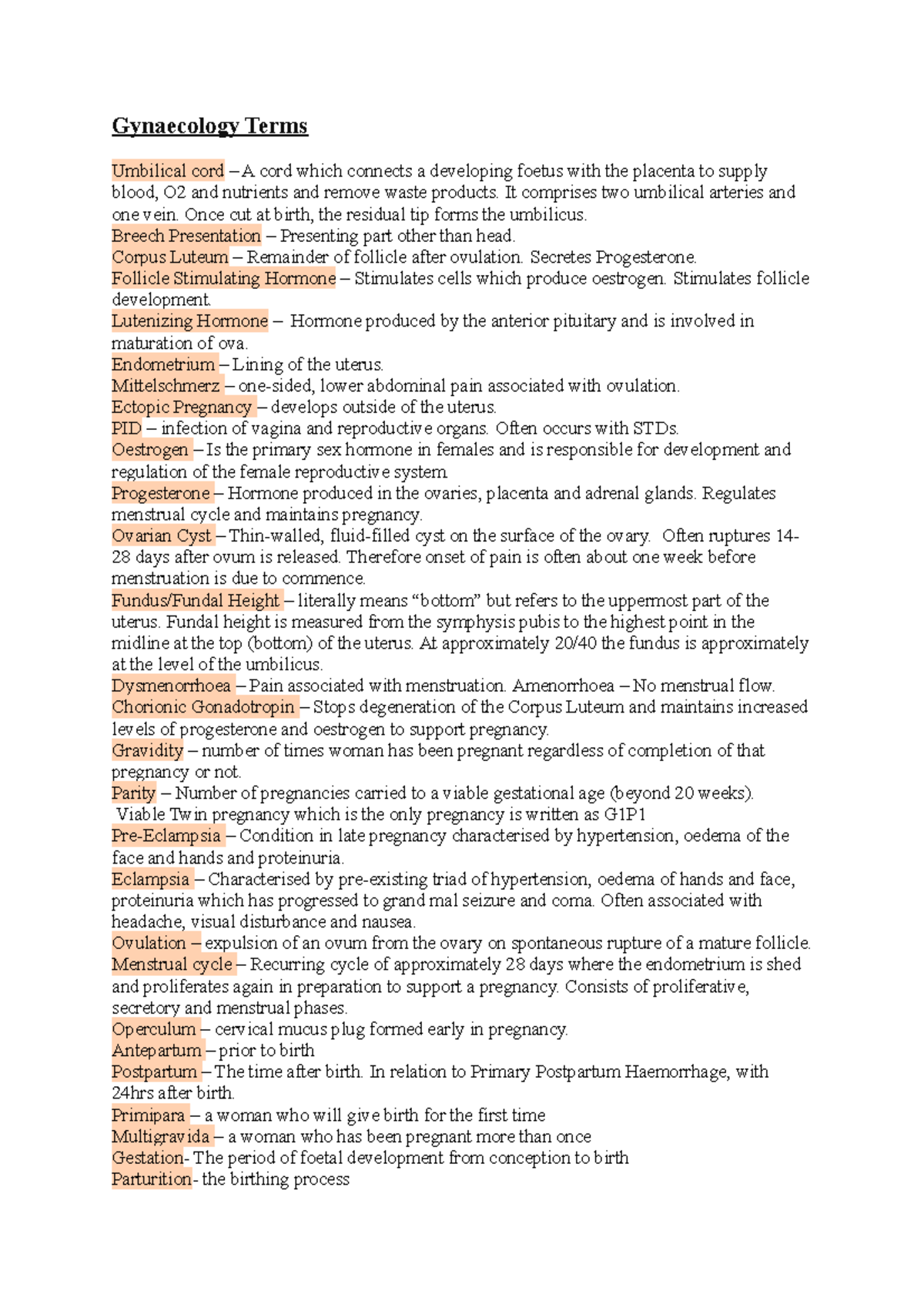 Gynaecology Terms CLs202 - Gynaecology Terms Umbilical cord – A cord ...
