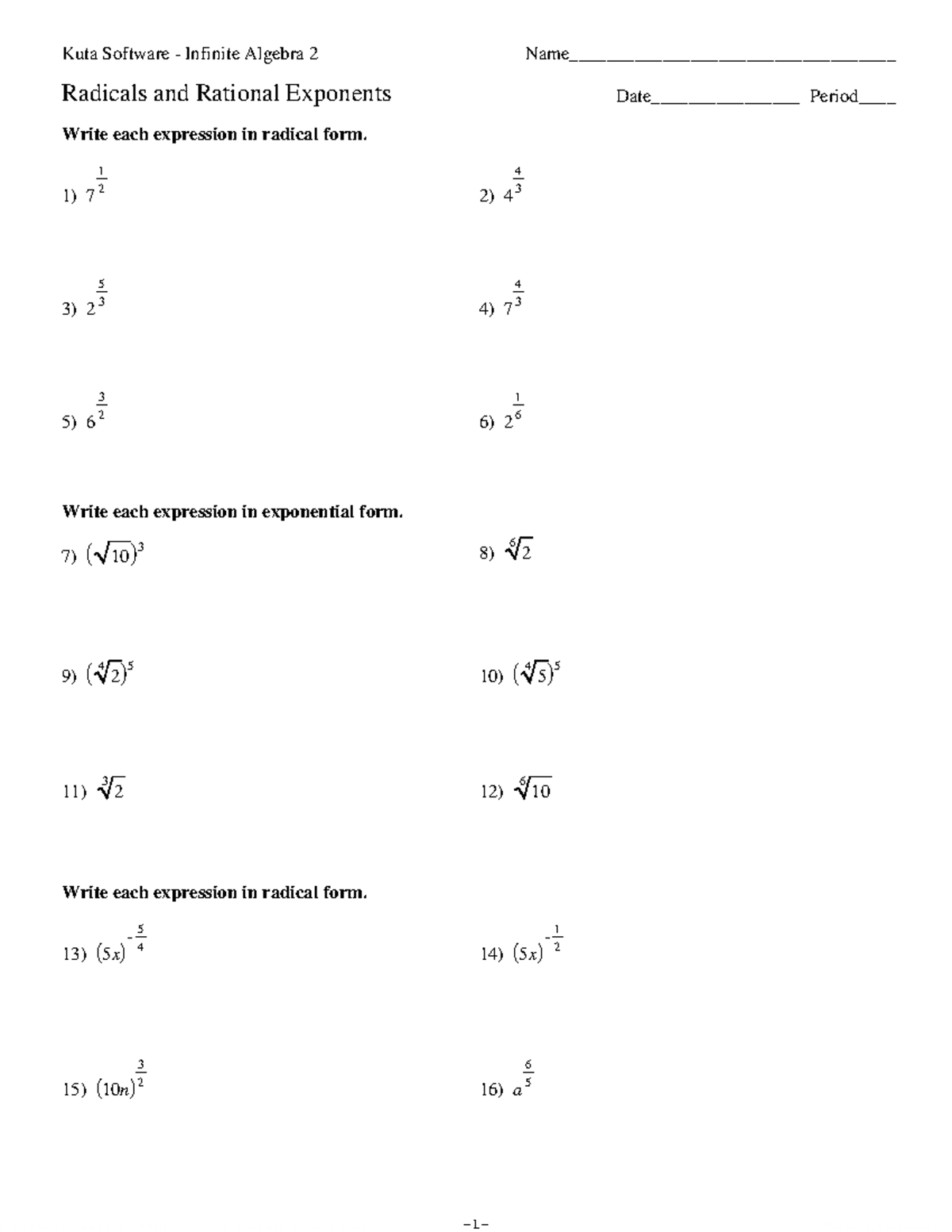 Radicals and Rational Exponents kuta - ©a X 2 T 0 I 1 q 2 a pKhuR taa 0 ...
