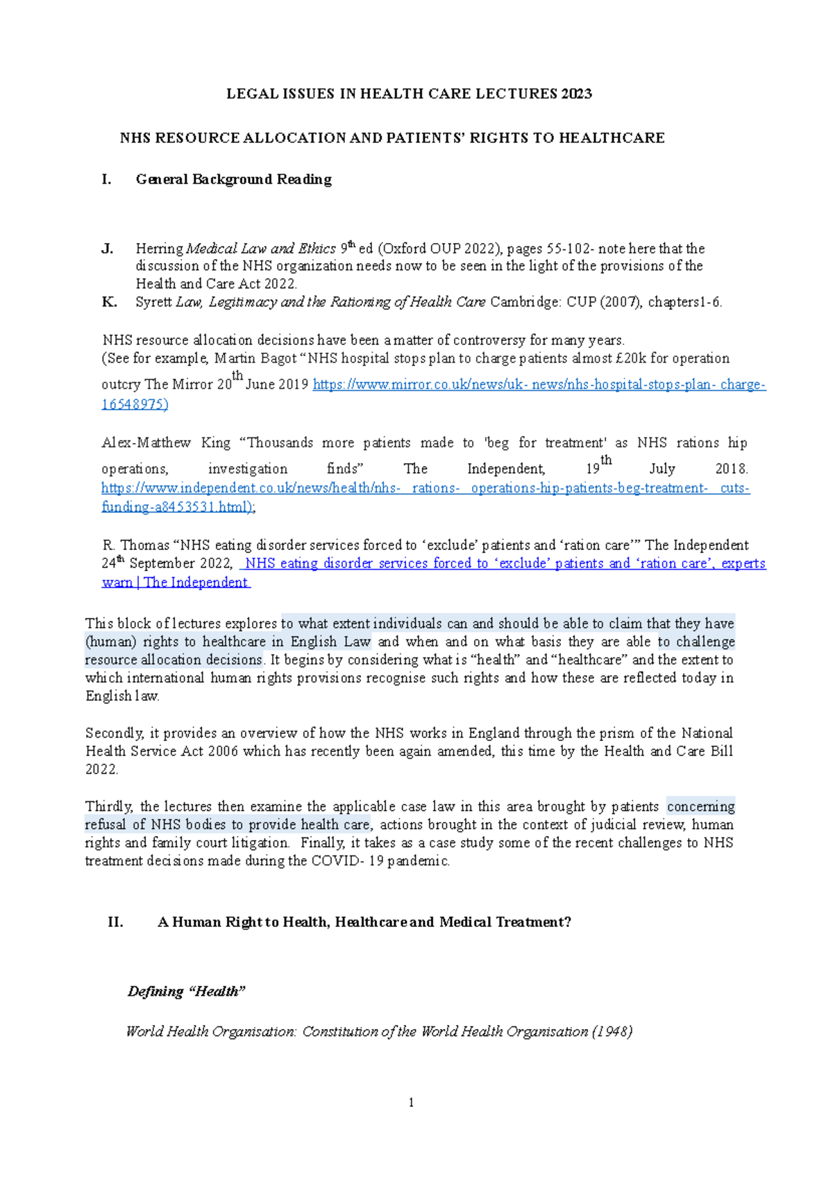 NHS Resource Allocation and Patients Rights to Healthcare Handout ...