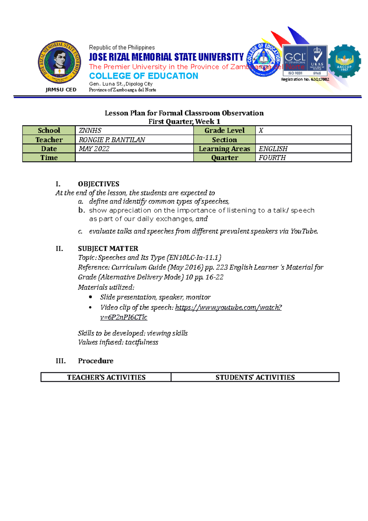 1St QW1M1Speeches - Sample Lesson Plan - Teaching Internship - JRMSU ...