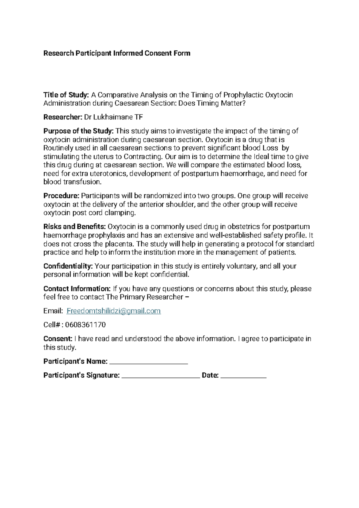 English Consent form - ethics lecture - Research Participant Informed ...