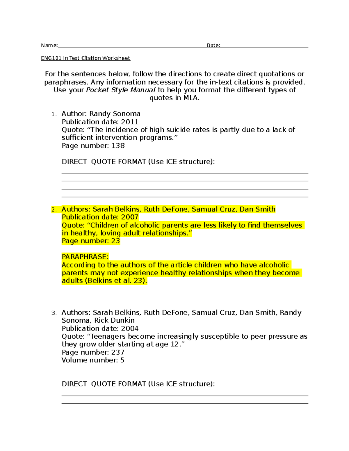 In Text Citation Worksheet 101 - Name: Date: ENG101 In Text Citation ...