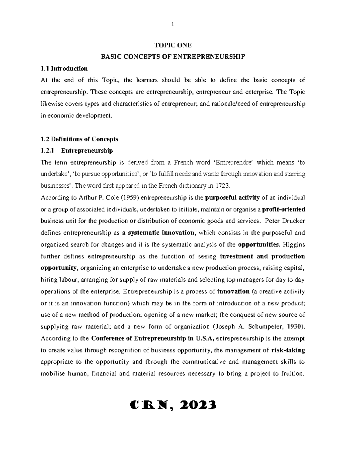 Entrepreneurship - TOPIC ONE BASIC CONCEPTS OF ENTREPRENEURSHIP 1 ...