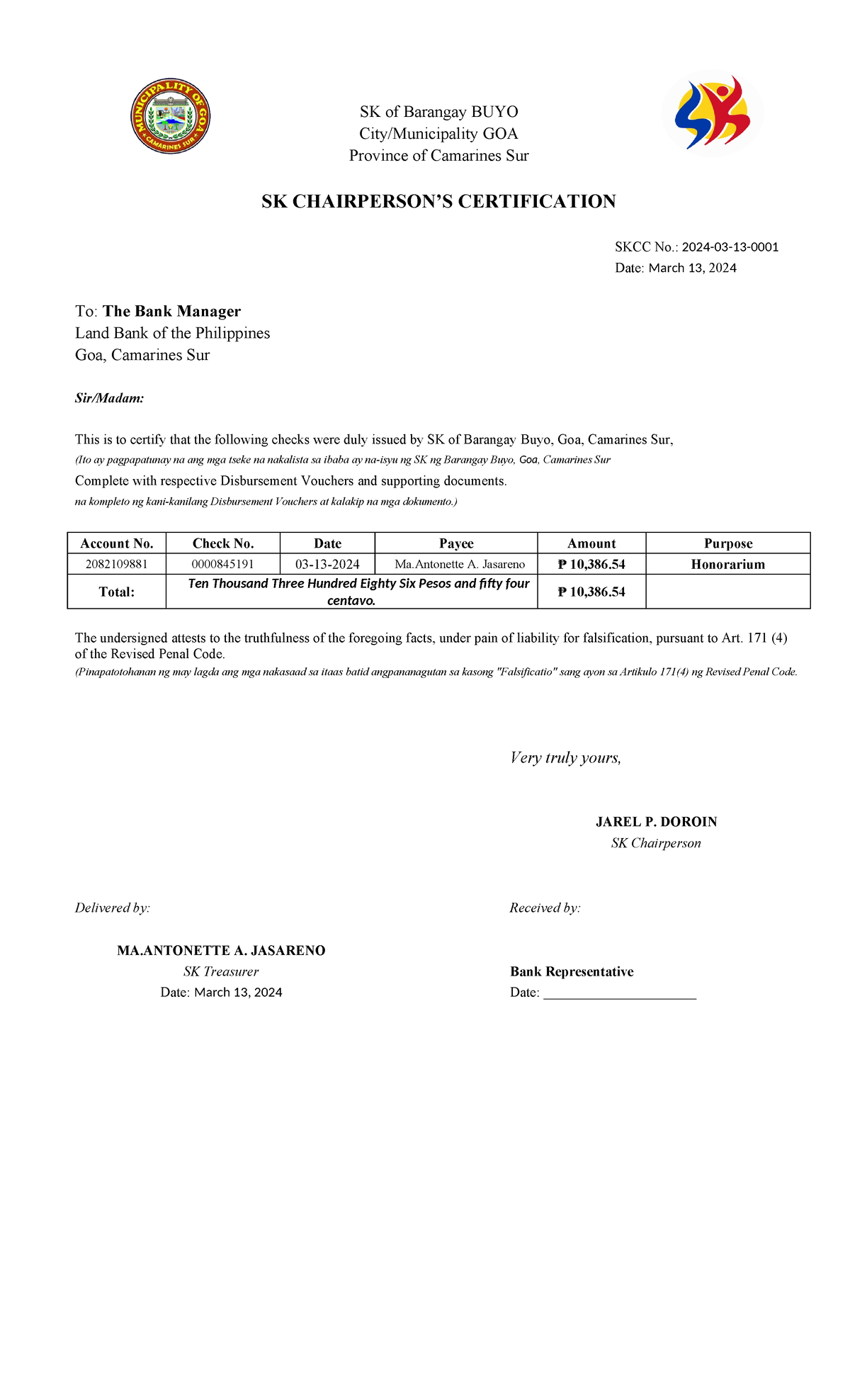 SKCC 082349-1 - learn - SK of Barangay BUYO City/Municipality GOA Province of Camarines Sur SK ...