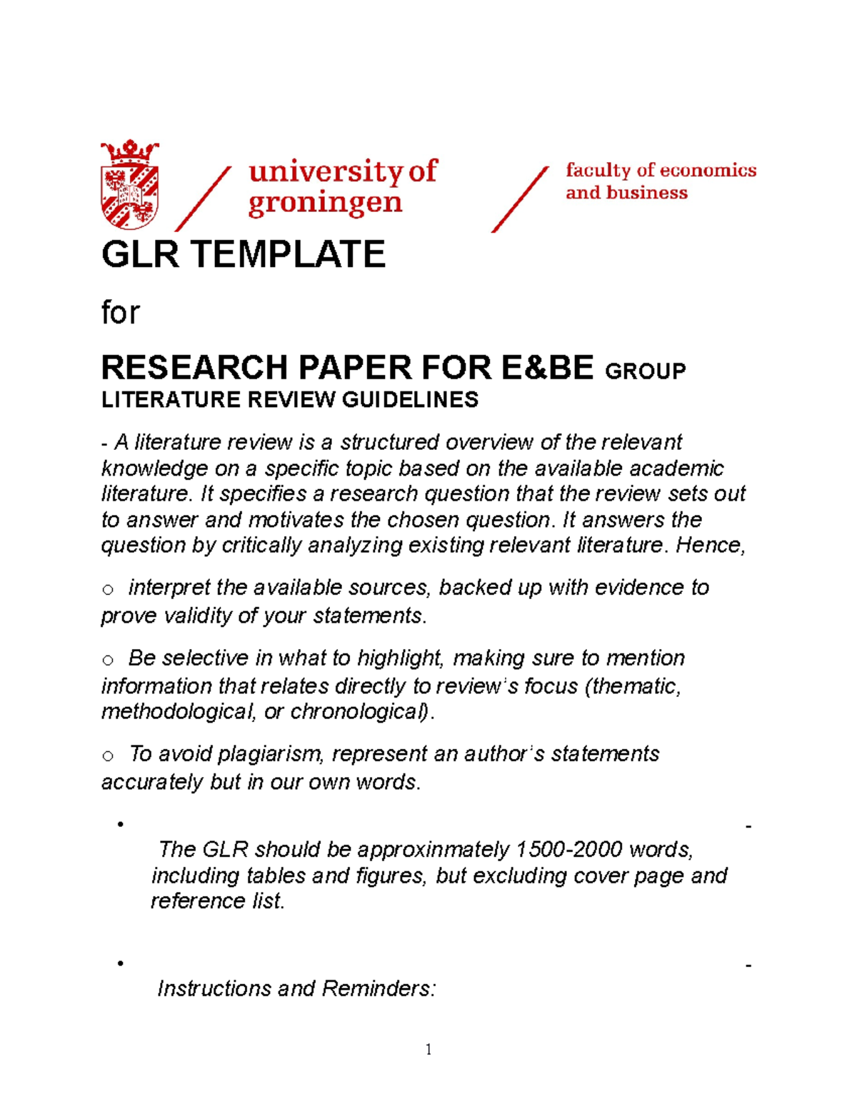 Example of a Summary-Outline - GLR TEMPLATE for RESEARCH PAPER FOR E&BE ...