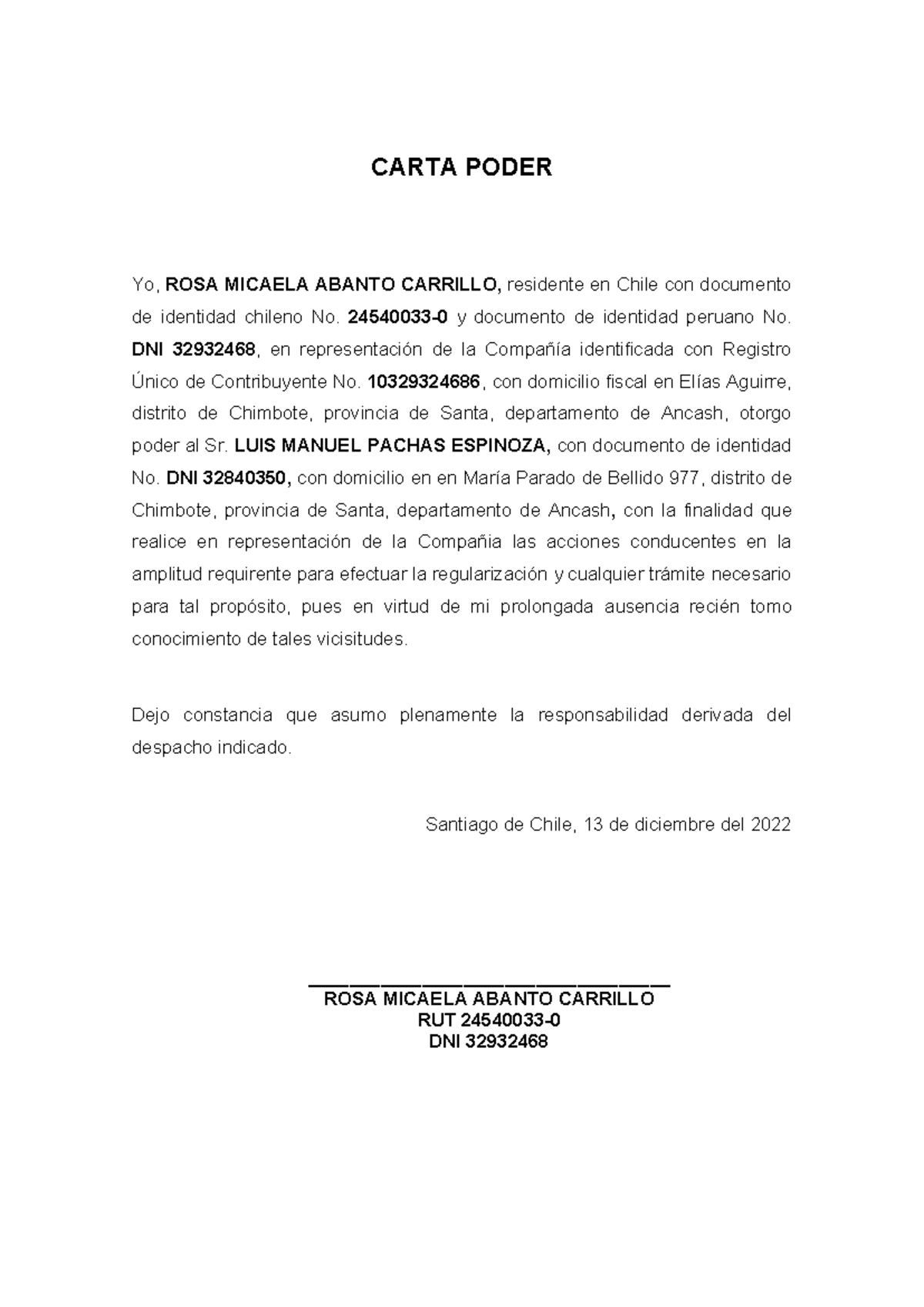 Carta Poder para trámites ante Sunat - CARTA PODER Yo, ROSA MICAELA ...