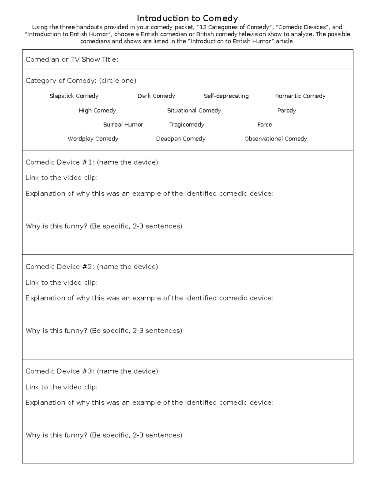 Introduction to Comedy Assignment - Introduction to Comedy Using the ...