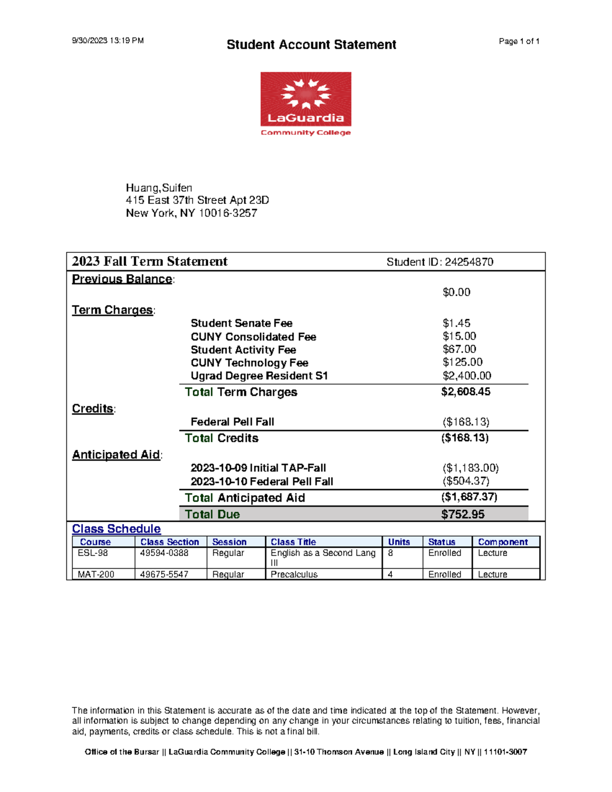 CU R1096A - MAT - 9/30/2023 13:19 PM Student Account Statement Page 1 ...