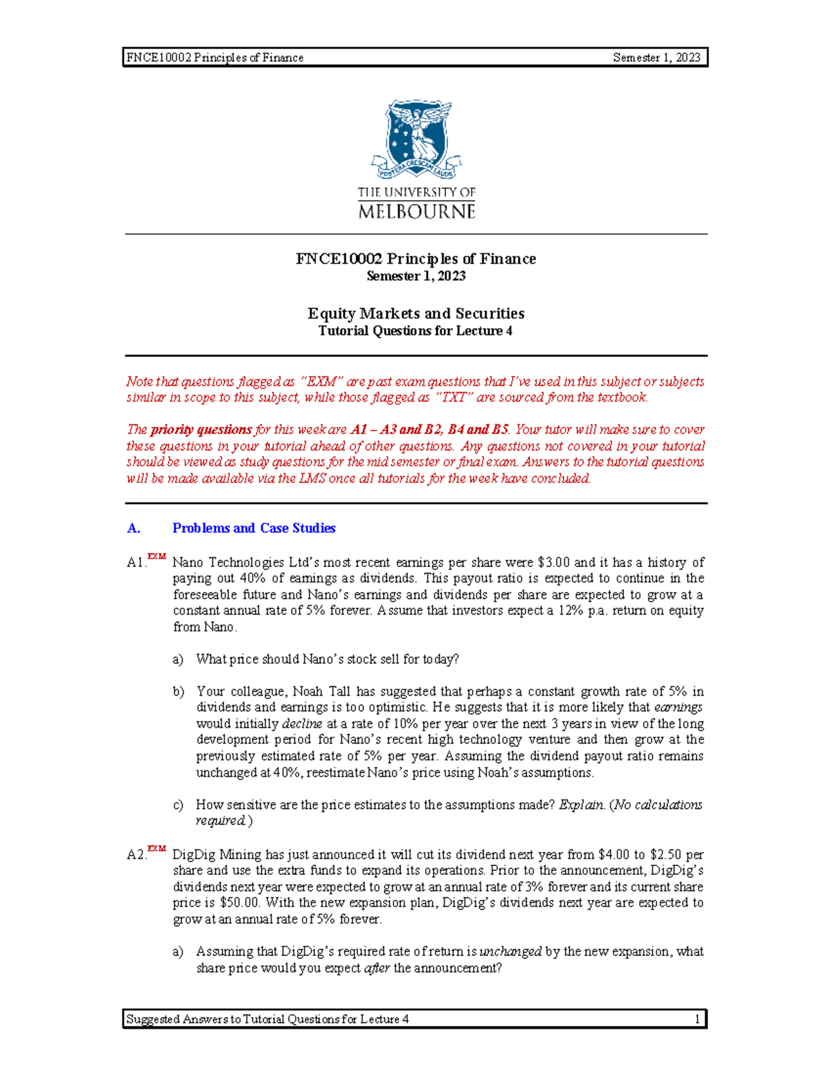 Tutorial 04 - Equity Val - FNCE10002 Principles of Finance Semester 1, 2023 Suggested Answers to ...