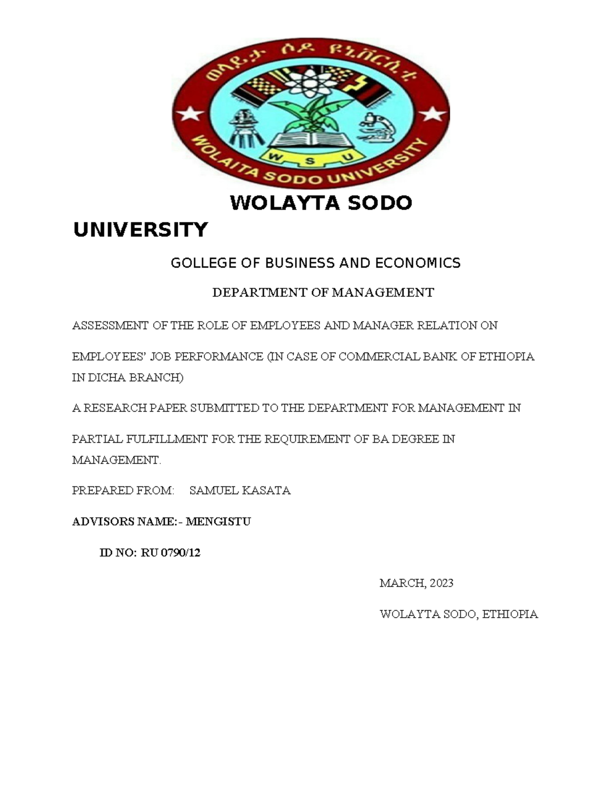 SAMI MGT - Proposal writing - WOLAYTA SODO UNIVERSITY GOLLEGE OF ...