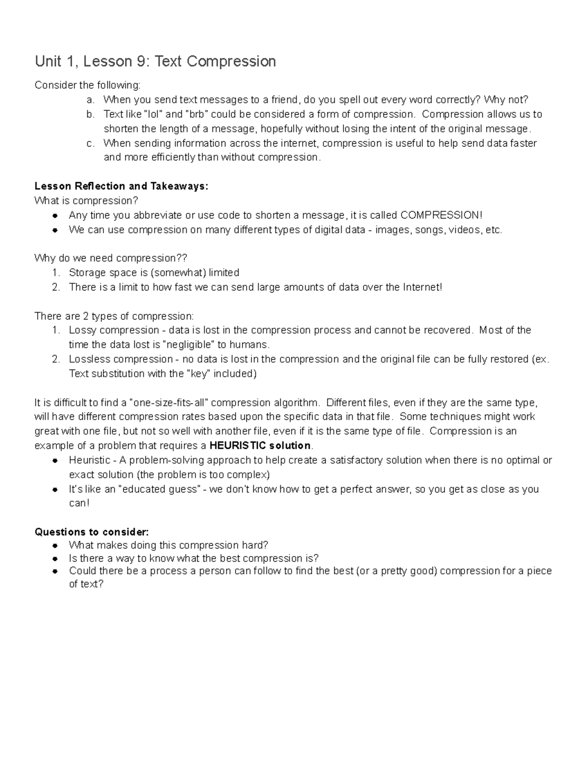 Lossless Compression - Unit 1, Lesson 9: Text Compression Consider the ...