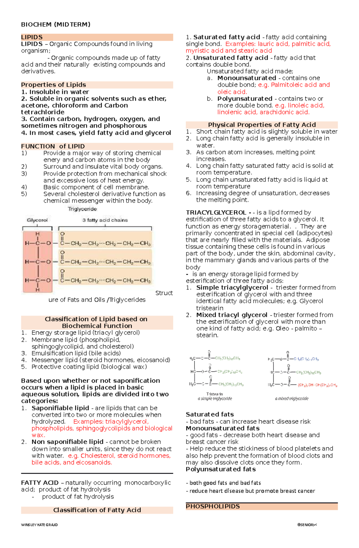 Biochem Midterm Notes - goodluck - BIOCHEM (MIDTERM) LIPIDS LIPIDS ...