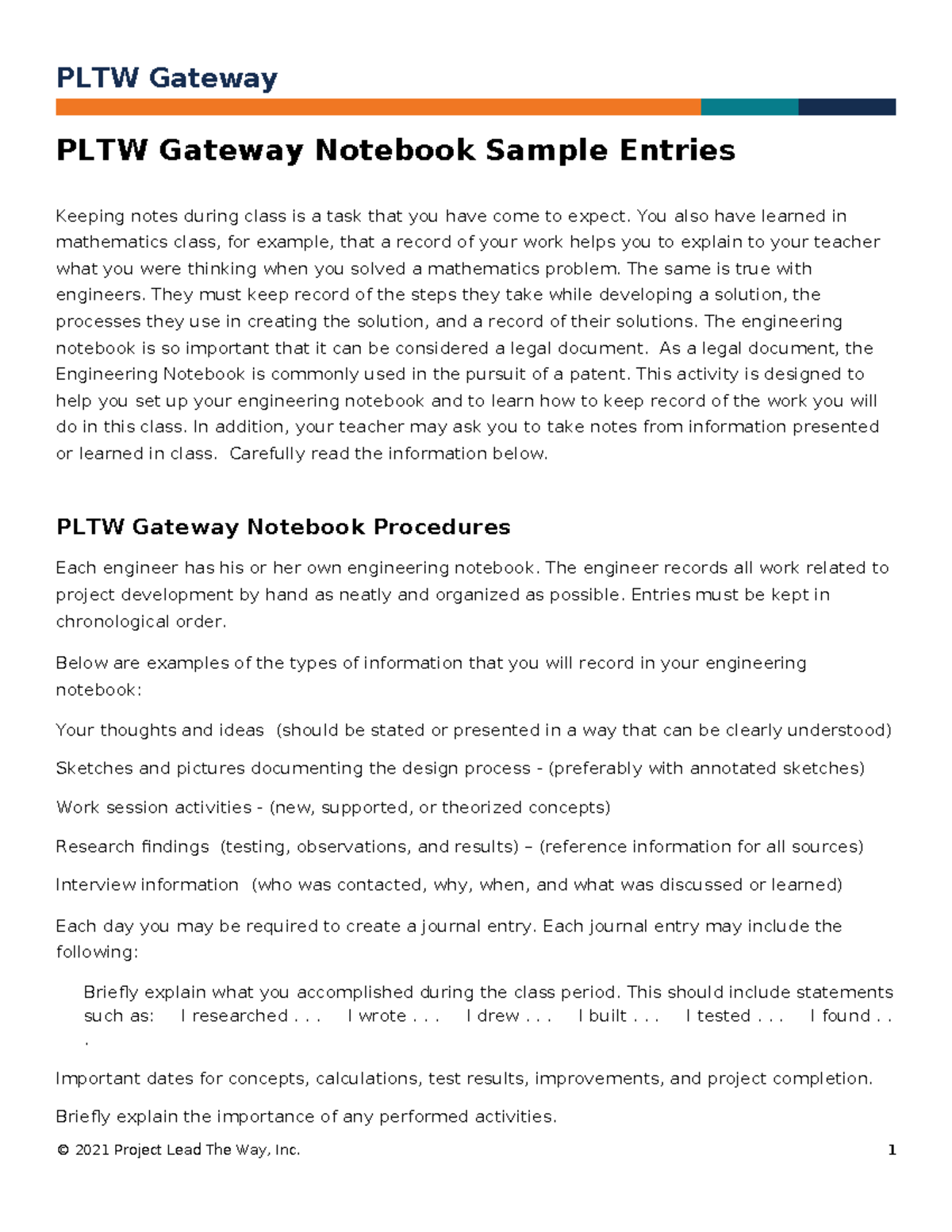 Gateway Notebook Sample Entries - PLTW Gateway Notebook Sample Entries ...