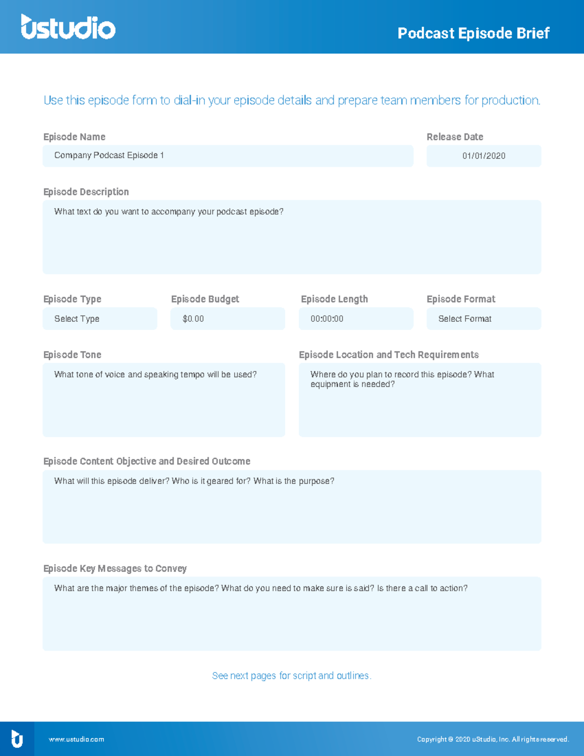 Episode Brief Template Form - Podcast Episode Brief ustudio Copyright ...