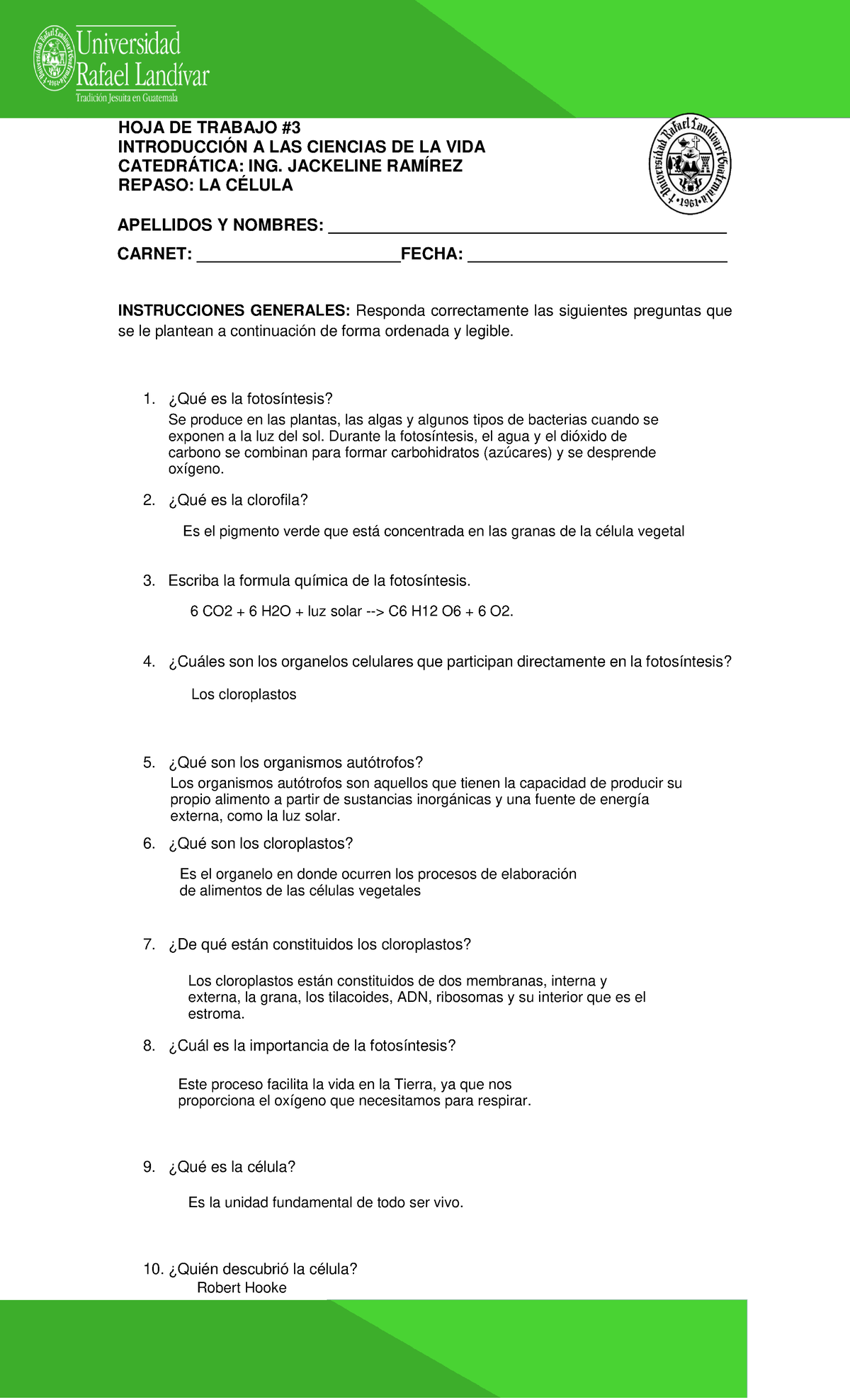 HOJA DE Trabajo #3 LA Célula - HOJA DE TRABAJO # 3 INTRODUCCIÓN A LAS ...