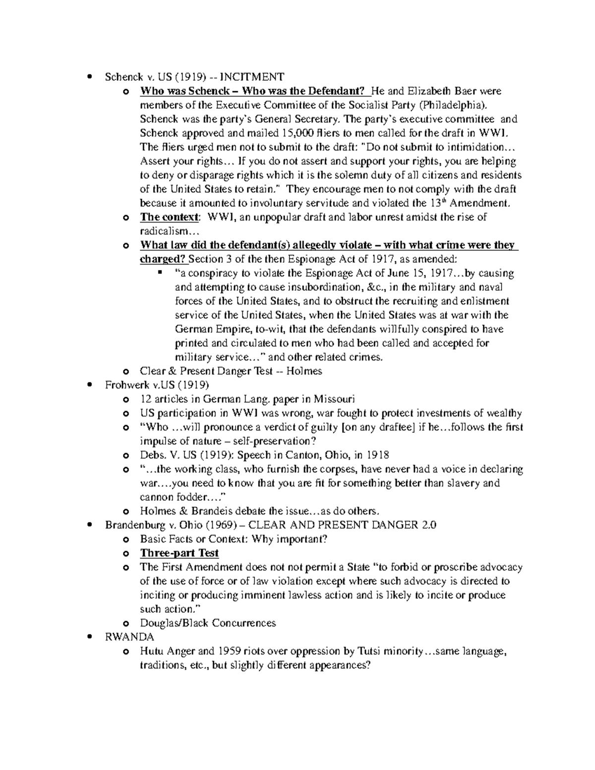 EXAM 1 - Lecture notes 1-7 - Schenck v. US (1919) - INCITMENT o Who was ...