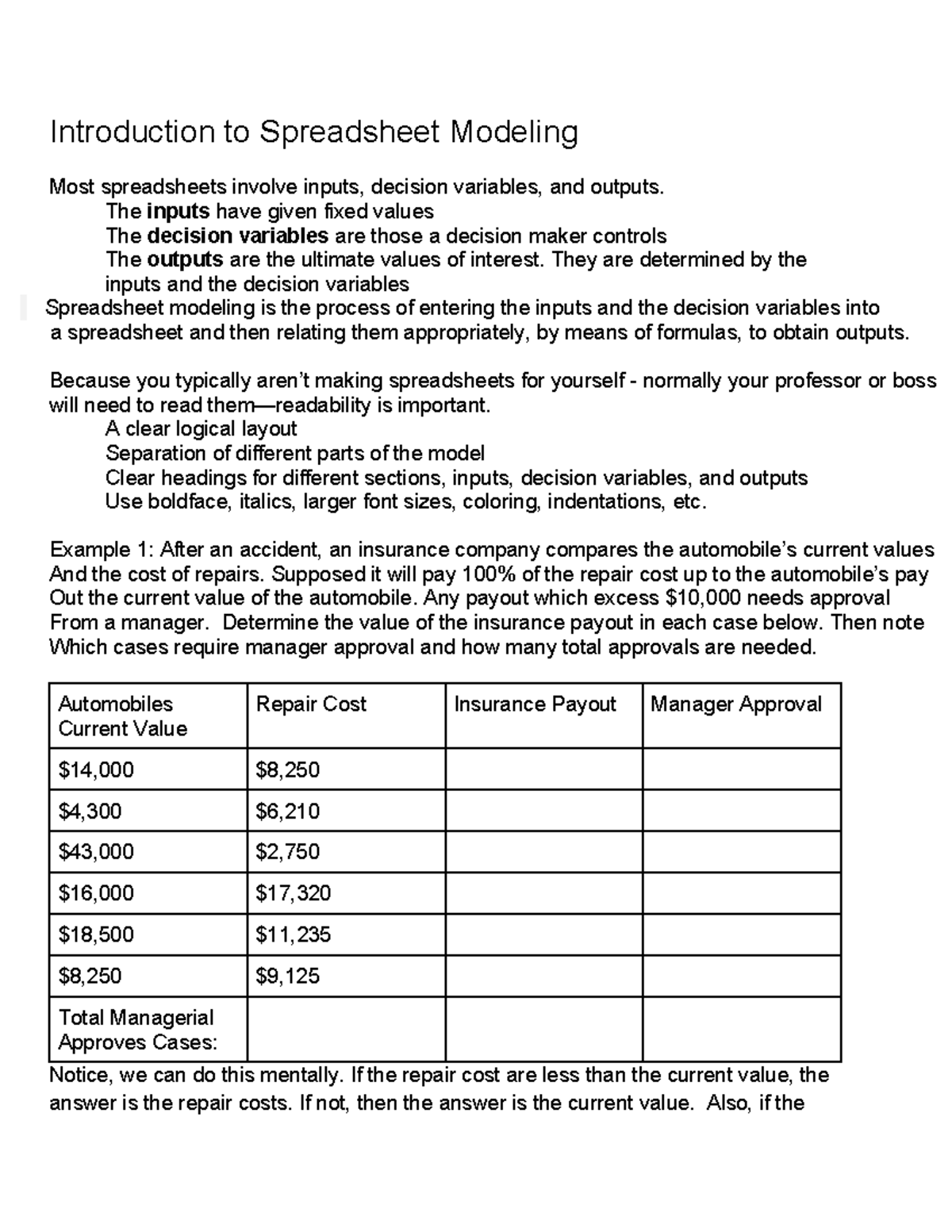 Introduction to Spreadsheet Modeling - The inputs have given fixed ...