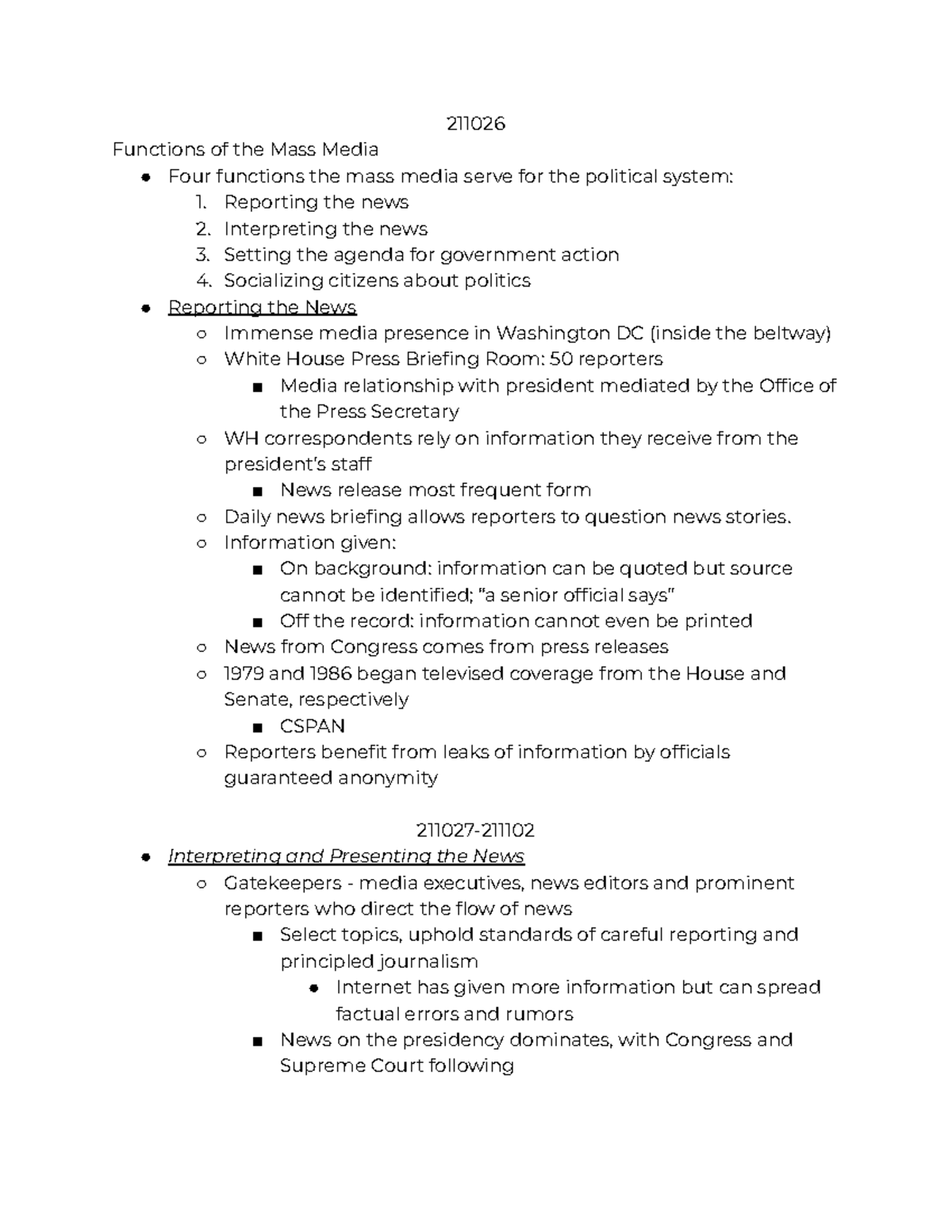 Q2 AP US GOV Notes - 211026 Functions of the Mass Media Four functions ...