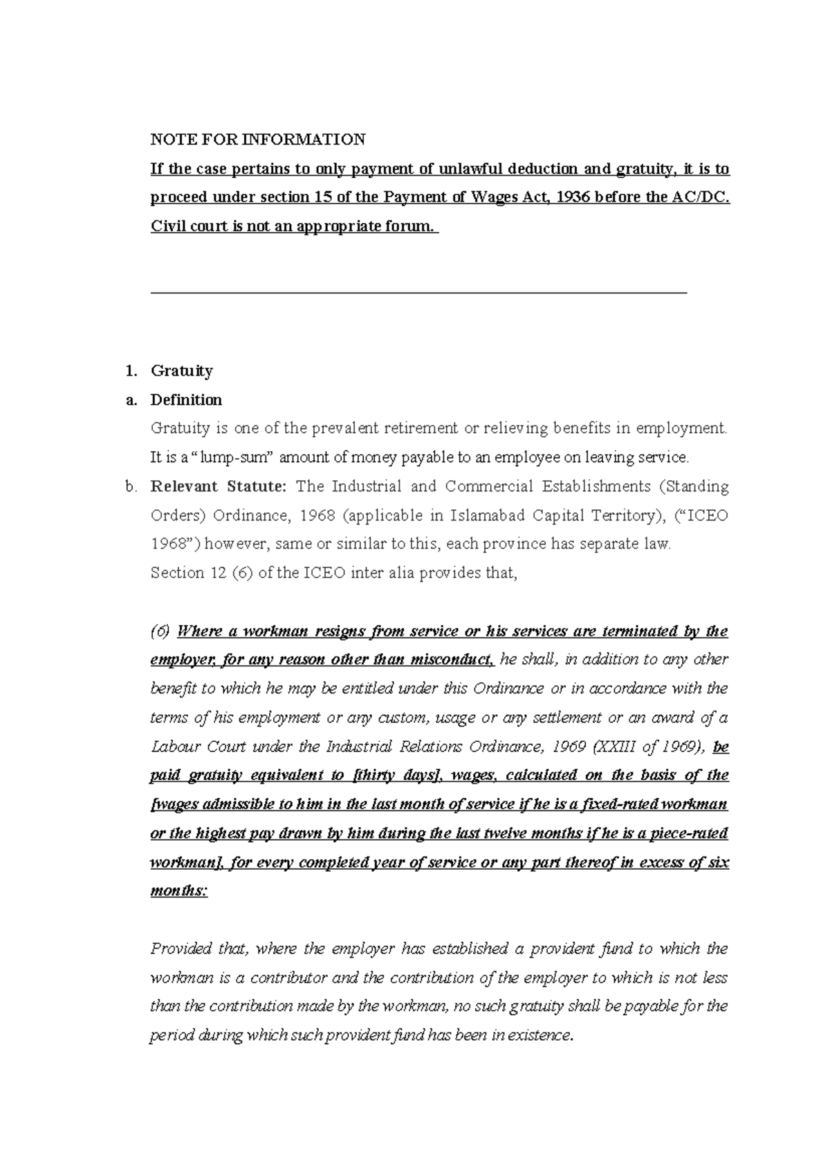 Gratuity Note - NOTE FOR INFORMATION If the case pertains to only ...