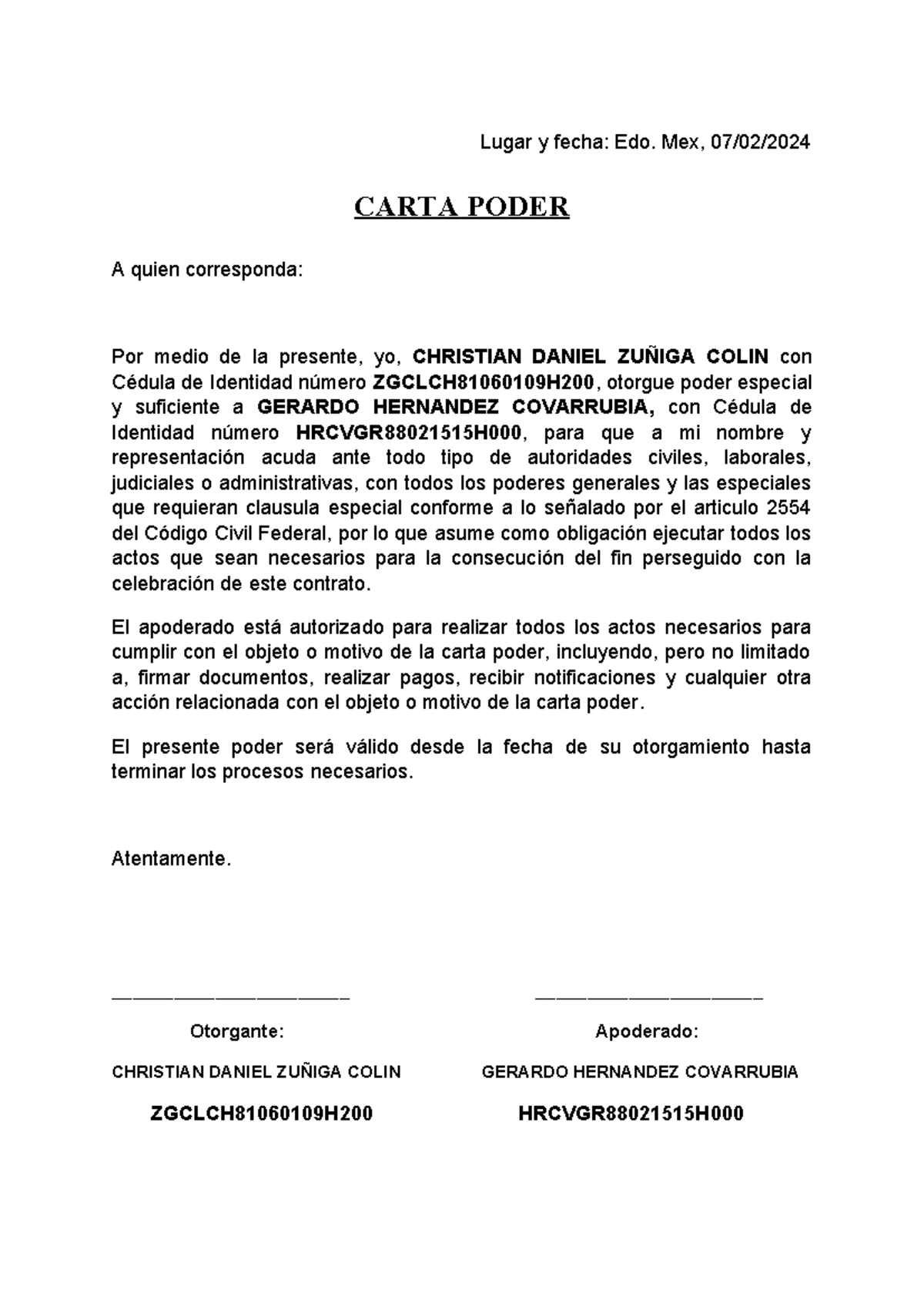 Carta-poder-simple - Carta poder simple - Lugar y fecha: Edo. Mex, 07 ...