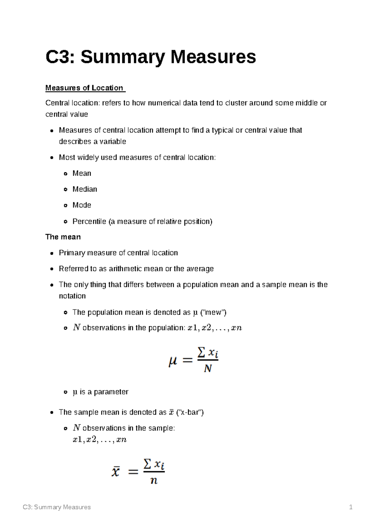 OBS 370 Summary Measures - C3: Summary Measures Measures of Location ...