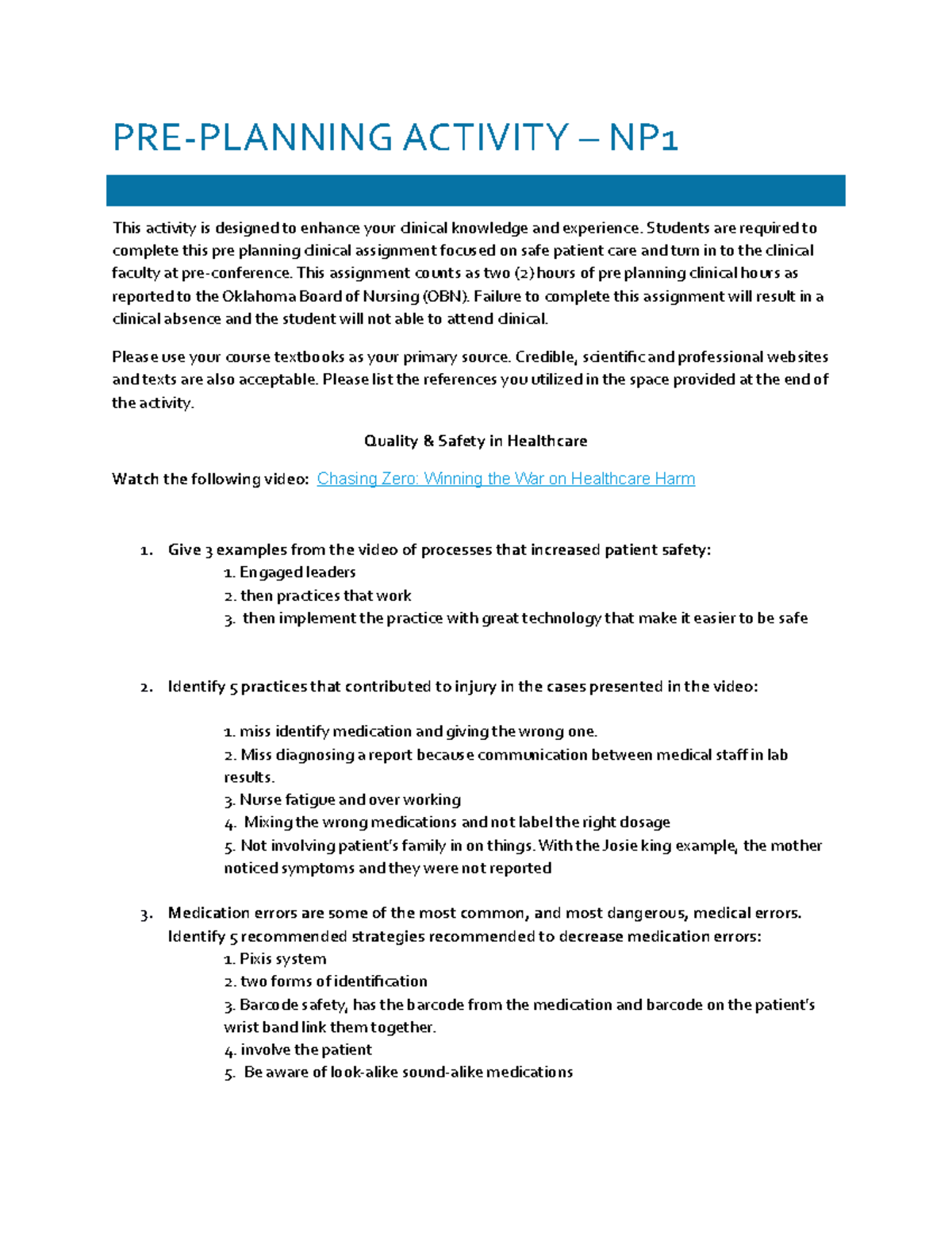 Pre-Clinical assignment 1 - PRE-PLANNING ACTIVITY – NP This activity is ...