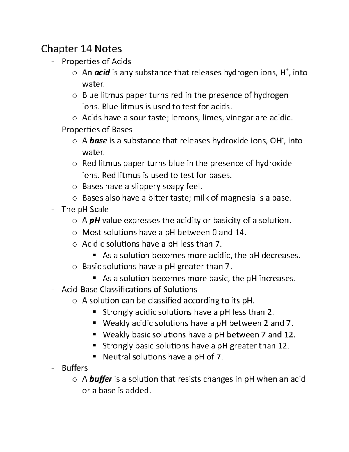 Chapter 14 Notes Acids and Bases - Chapter 14 Notes Properties of Acids ...