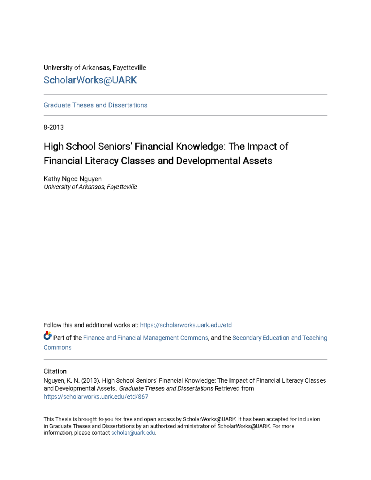 High School Seniors Financial Knowledge The Impact of Financial - uark ...