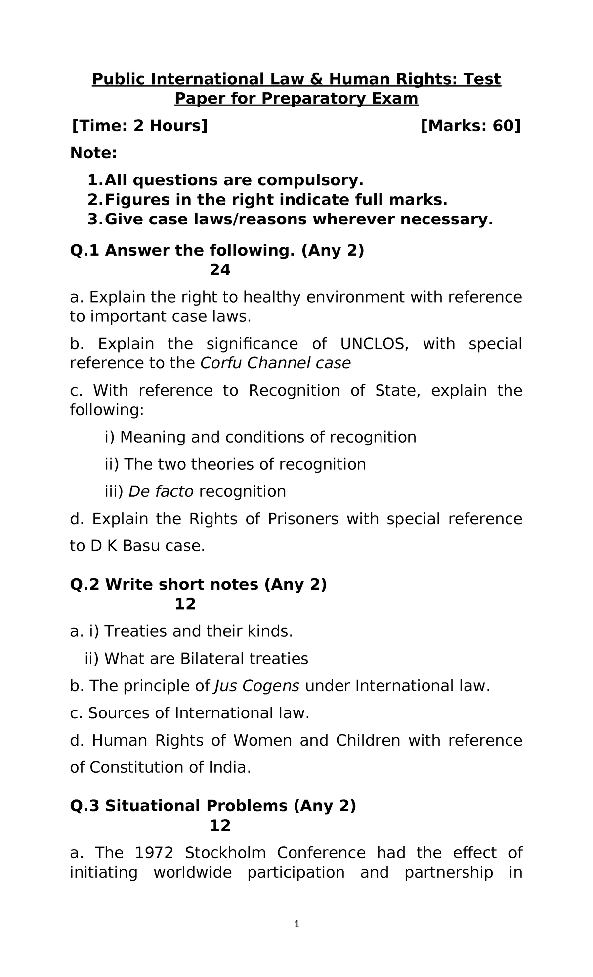 PIL HR - Test paper 60 marks - Public International Law & Human Rights ...