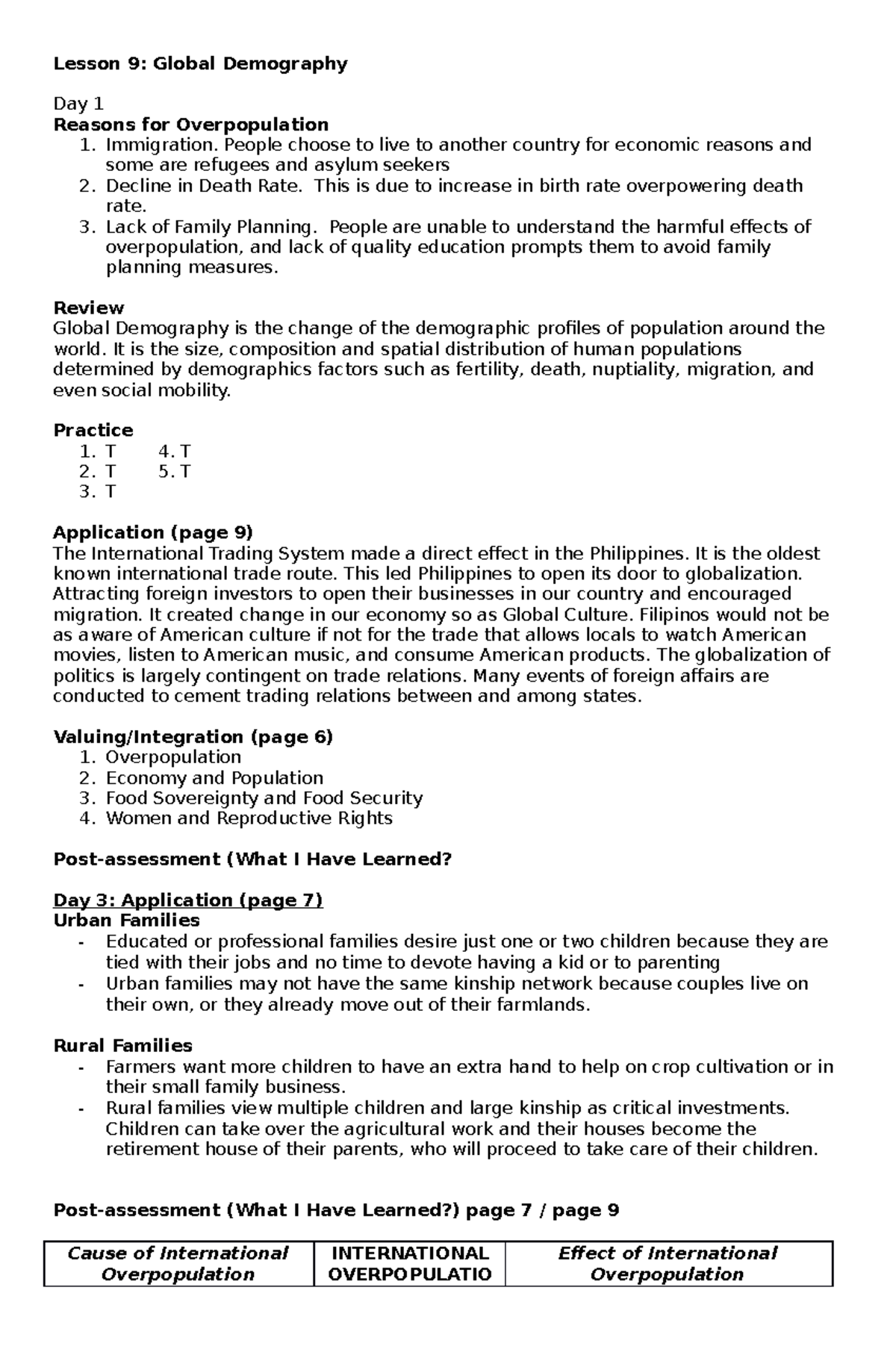 Lesson 9 Global Demography - Lesson 9: Global Demography Day 1 Reasons ...